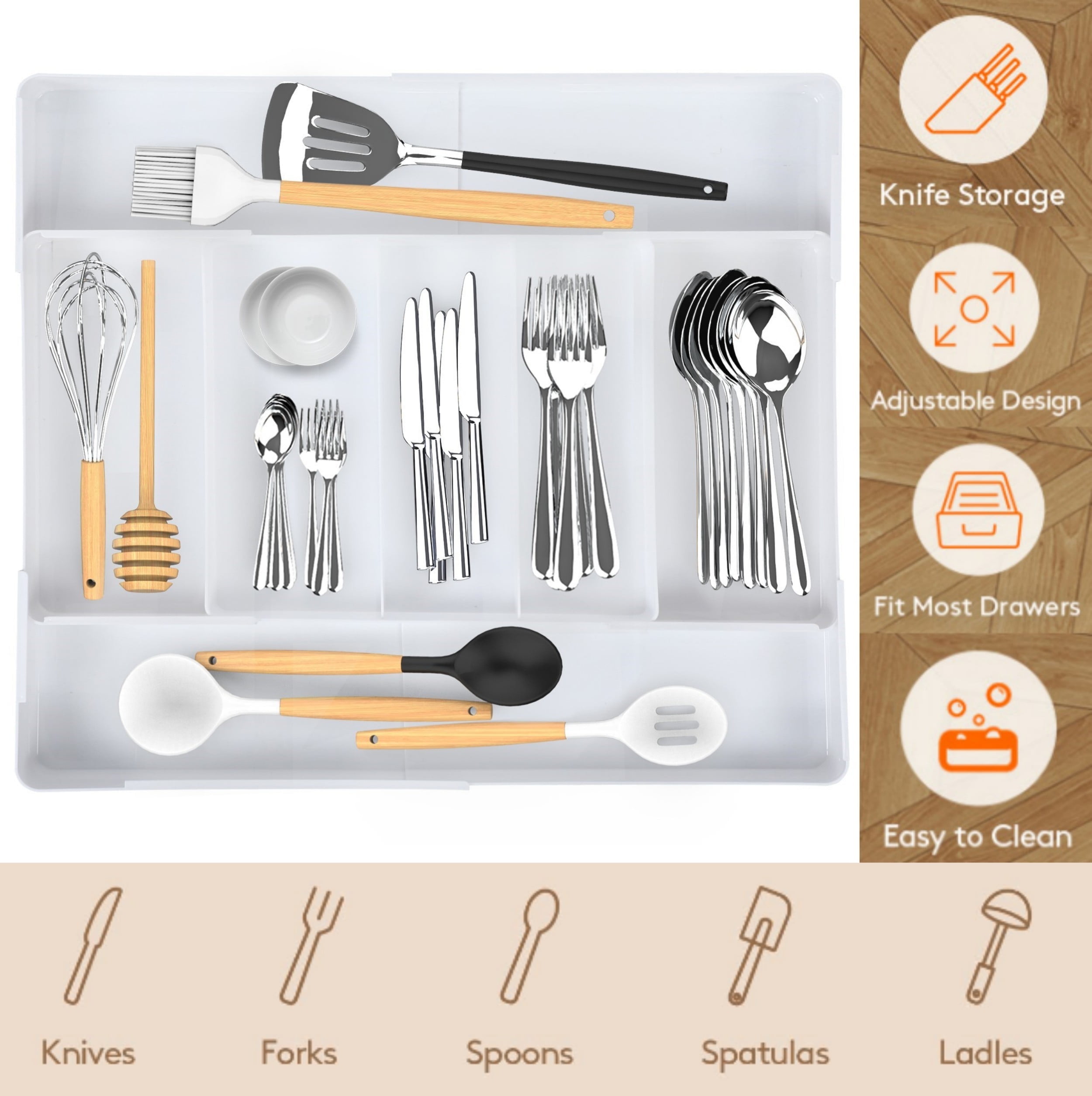 Bigking Cutlery Drawer Organiser for Kitchen, 7 Compartments Expandable ...