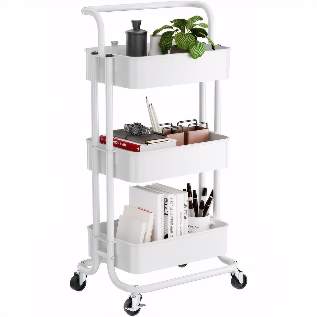 3-Tier Heavy Duty Utility Cart, Rolling Metal Organization Trolley with ...
