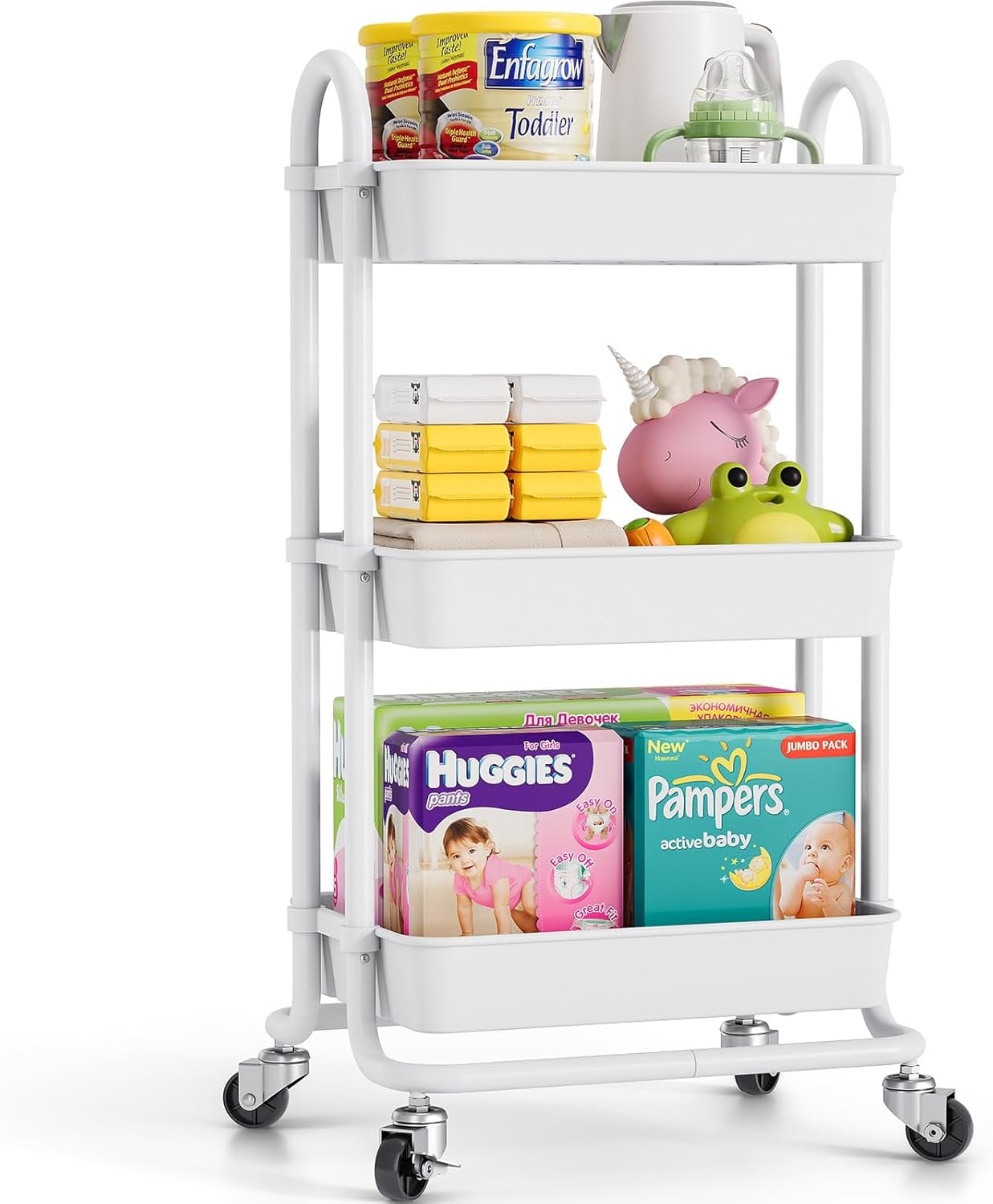 Utility Cart, 3 Tier Rolling Storage Cart with Lockable Wheels, Multi ...