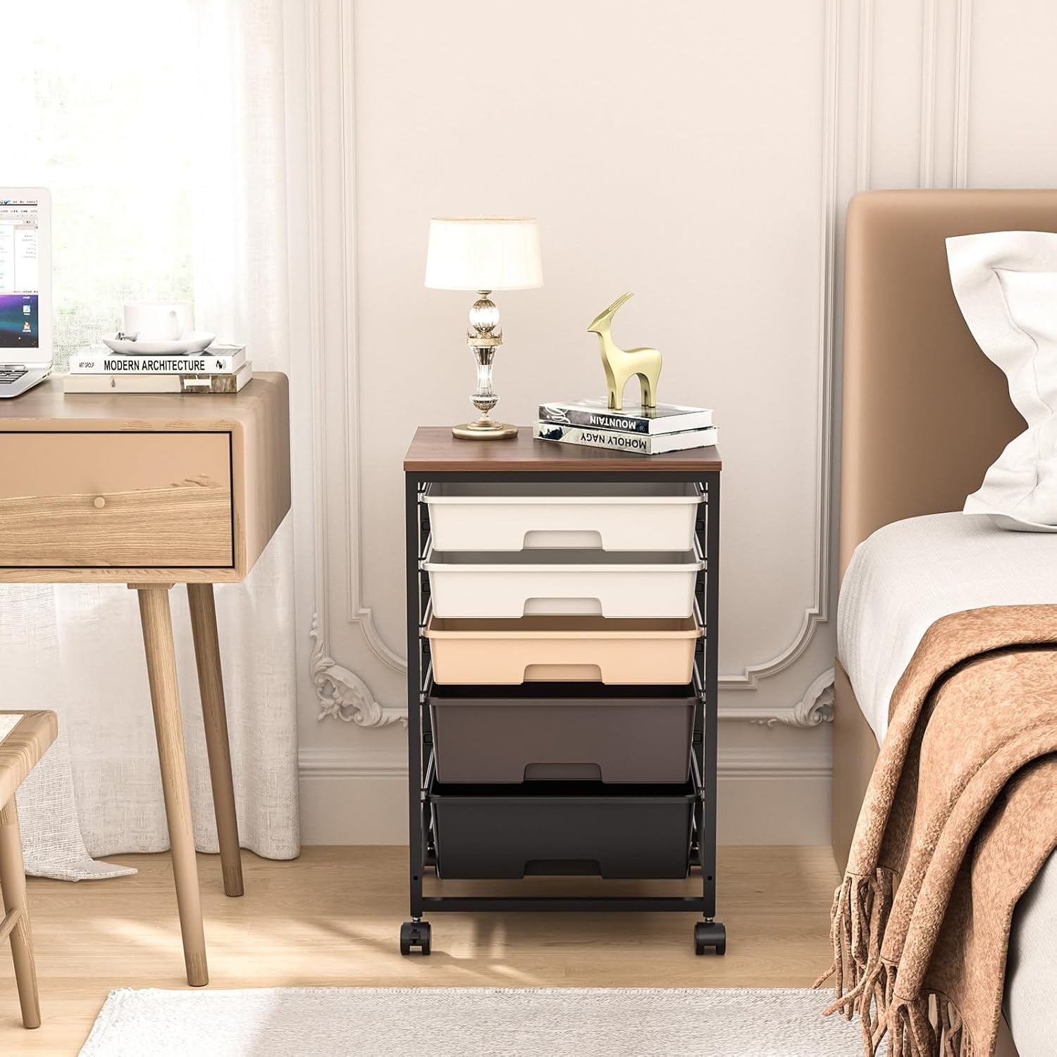 Utility Cart with 5 Drawers,Storage Drawer Cart with Wooden Tabletop ...