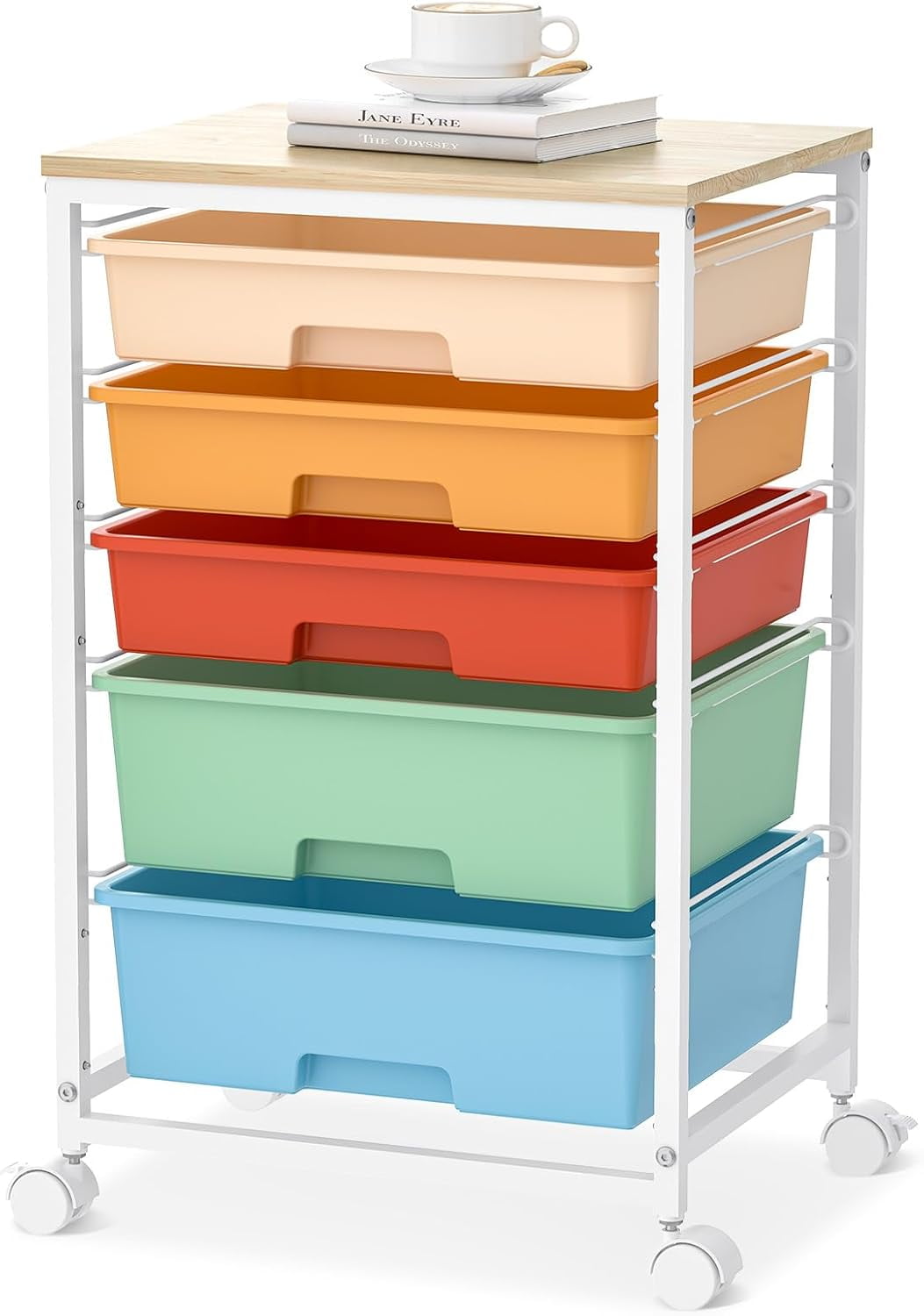 Utility Cart with 5 Drawers,Storage Drawer Cart with Wooden Tabletop ...