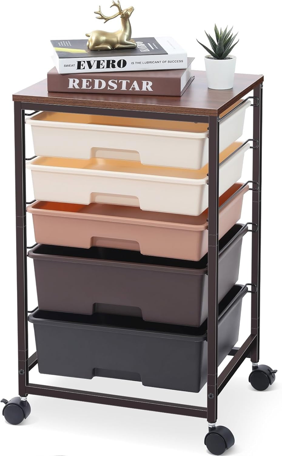 Utility Cart with 5 Drawers,Storage Drawer Cart with Wooden Tabletop ...
