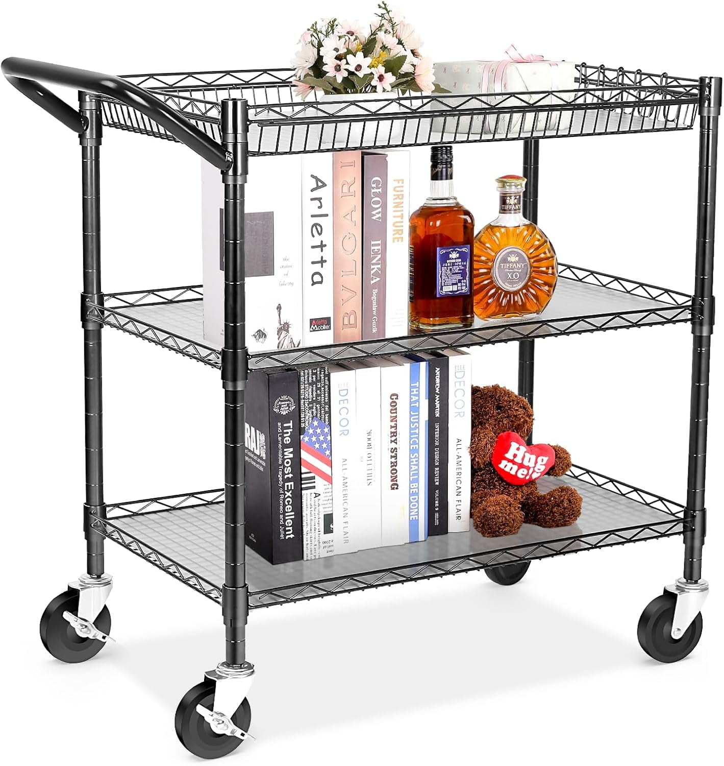 Utility Cart, Capacity 3 Tier Metal Rolling Carts with Wheels Commercial Grade with Shelf Liner ...