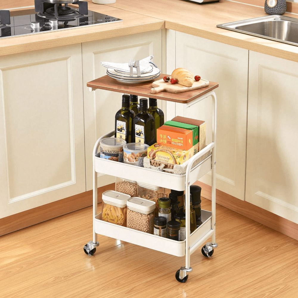 Utility Cart With Wooden Table Top, 3-Tier Metal Rolling Storage Cart ...