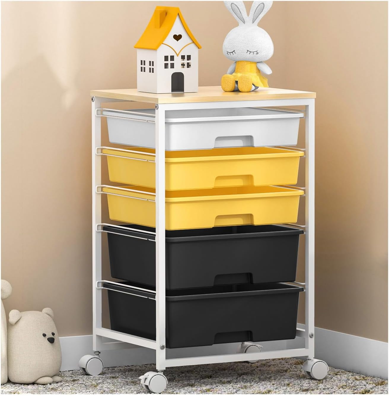 Utility Cart with 5 Drawers,Storage Drawer Cart with Wooden Tabletop ...