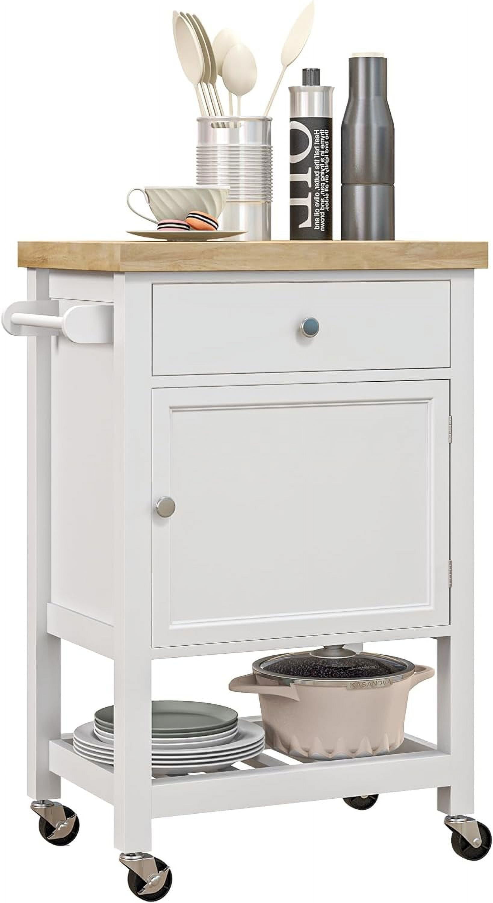 Utility Kitchen Cart, Rolling Kitchen Island with Smooth Rubberwood Top ...