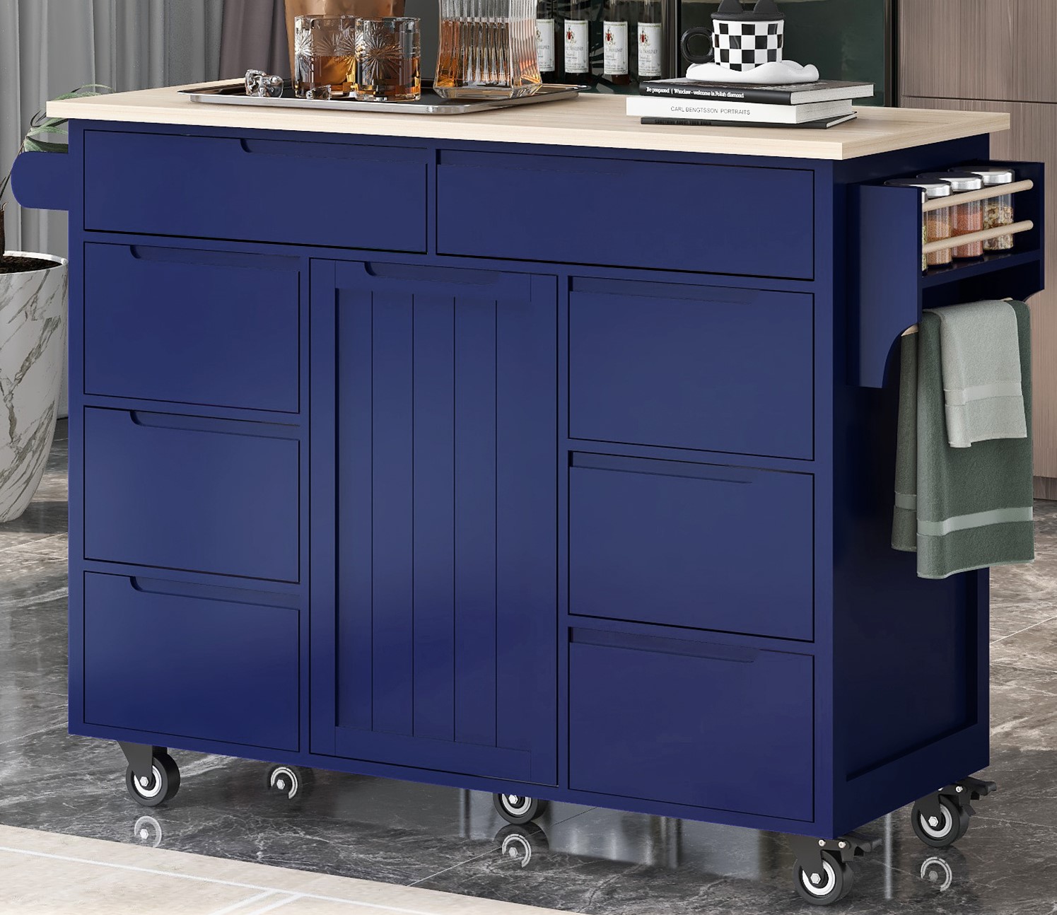 Dark Blue Kitchen Island on Wheels with Storage, 8 Drawers, Wood ...