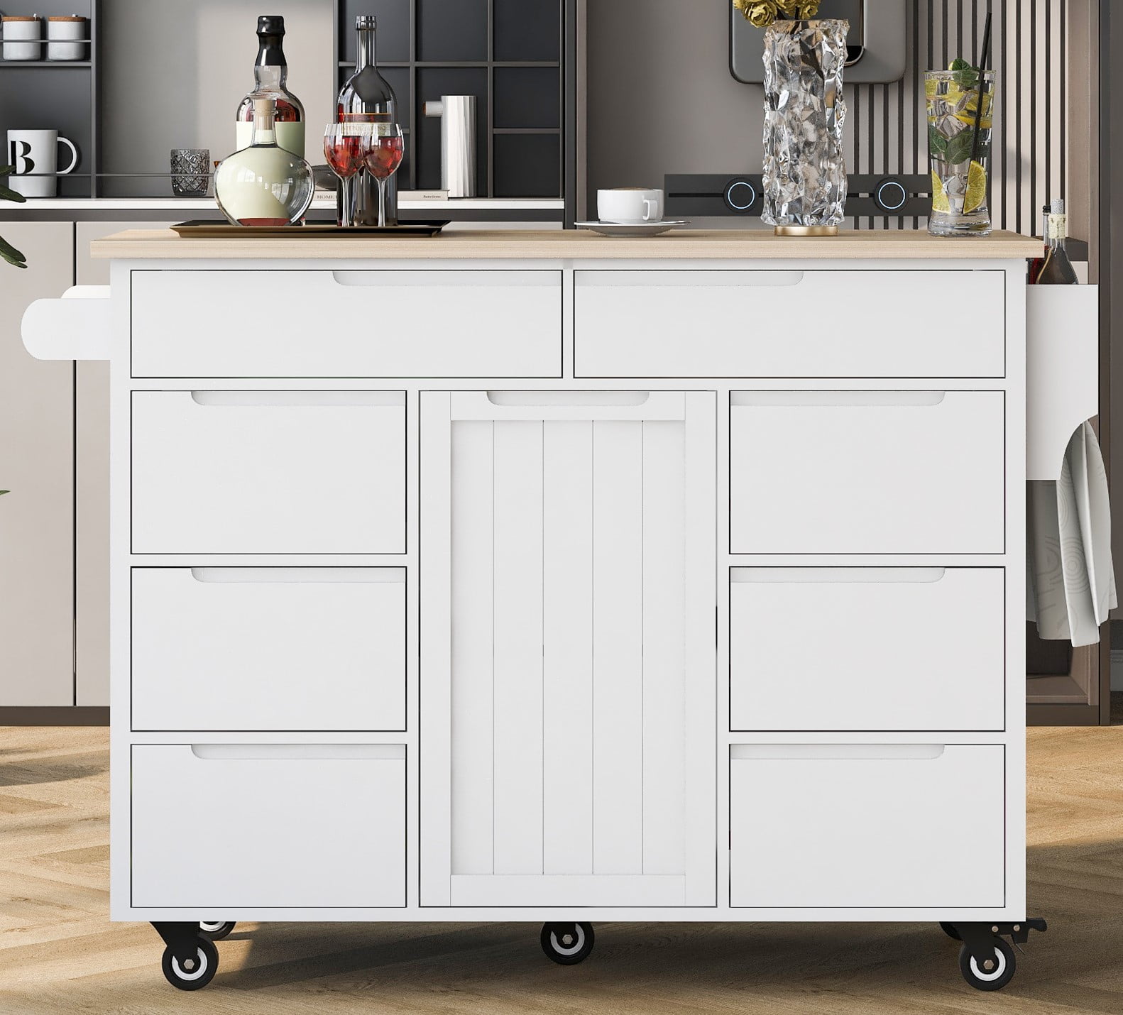 Utility Kitchen Island with Storage Cabinet on Wheels,Wooden Rolling ...