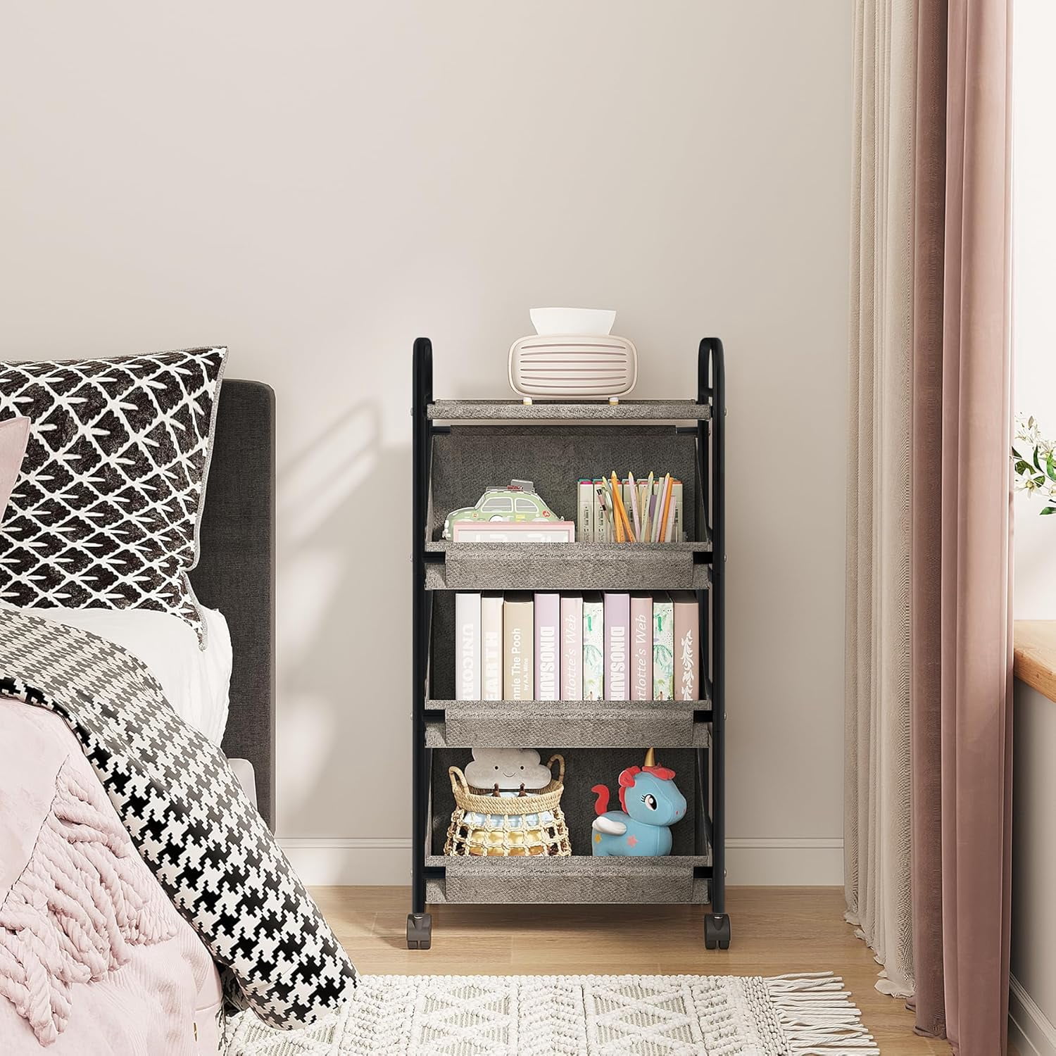 Utility Rolling Fabric Storage Rack Trolley Toy Cart Trolley with 3 ...