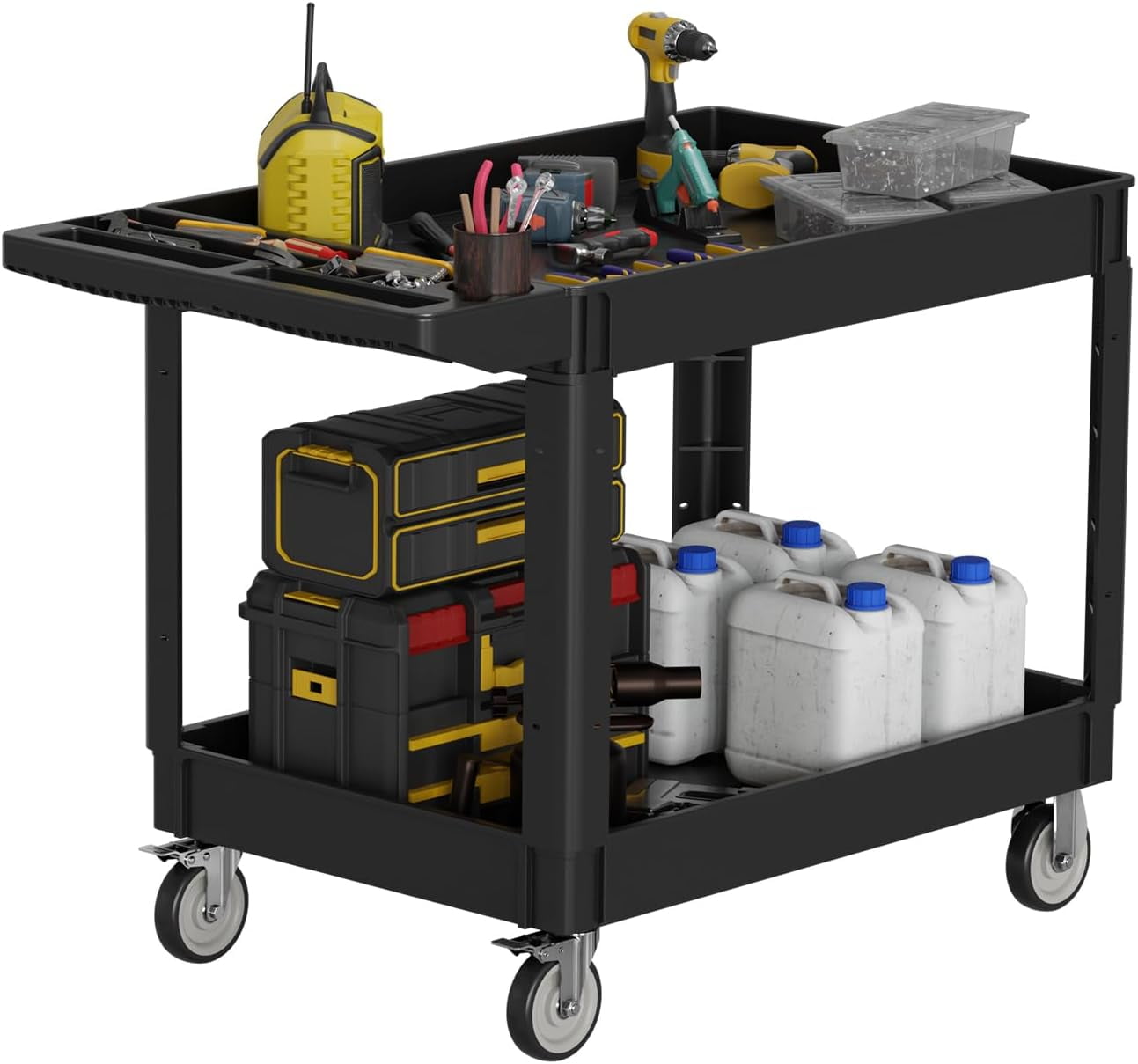 Utility Service Cart with Wheels, 2-Shelf Rolling Plastic Tool Cart (45 ...