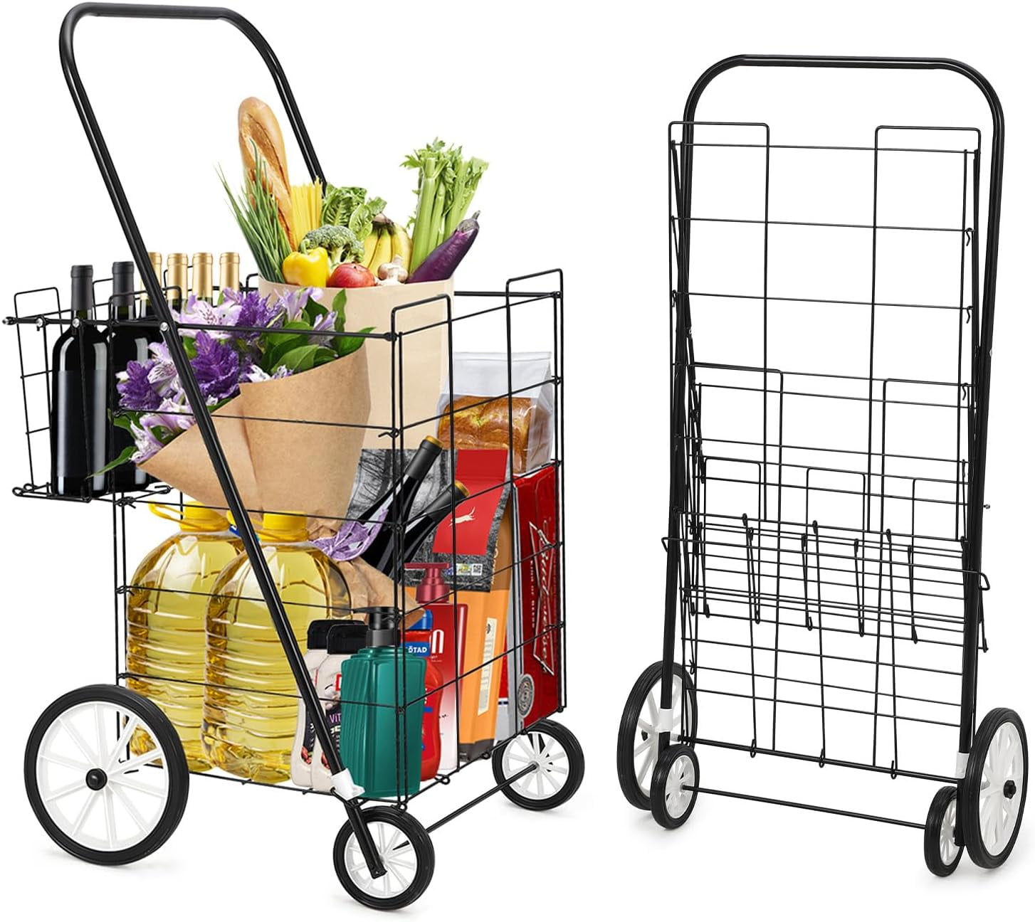 Utility Shopping Cart with Double Basket, Foldable Rolling Carts for ...