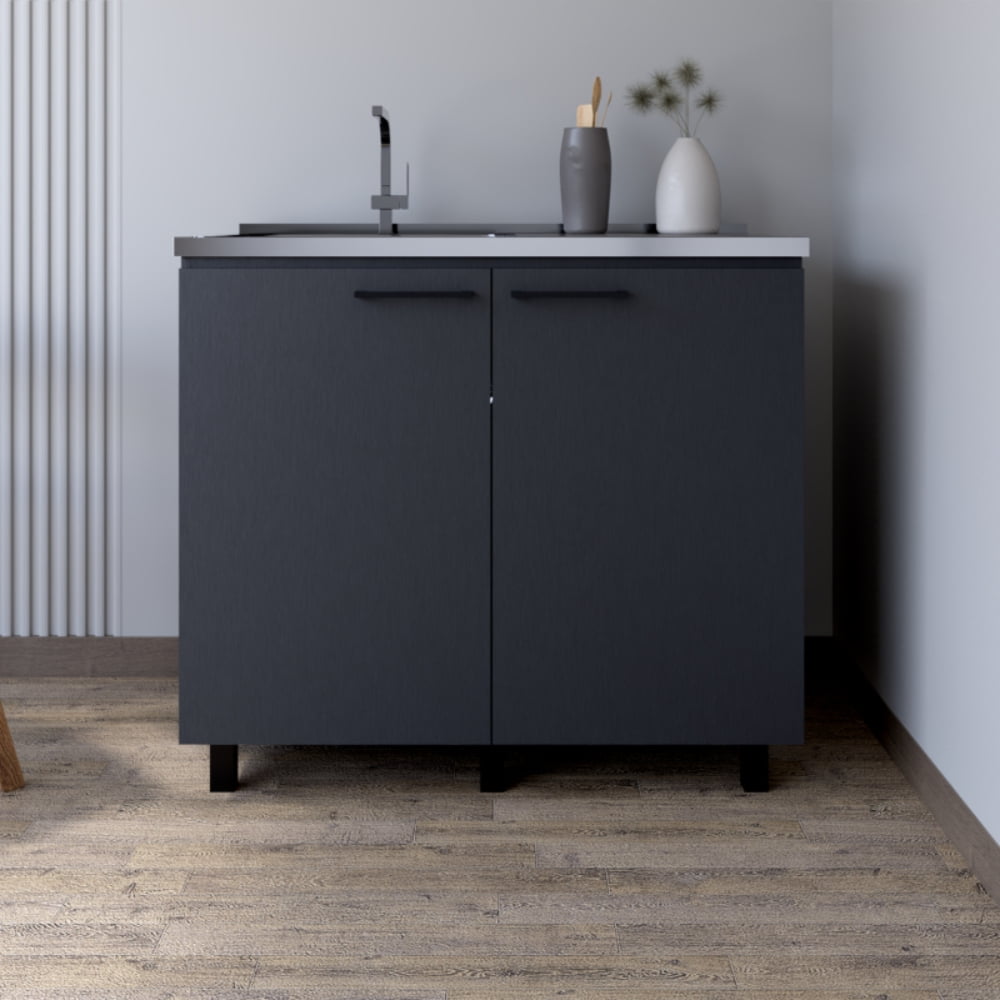 Utility Sink Cabinet in Black Heavy-Duty Kitchen Storage with Durable ...