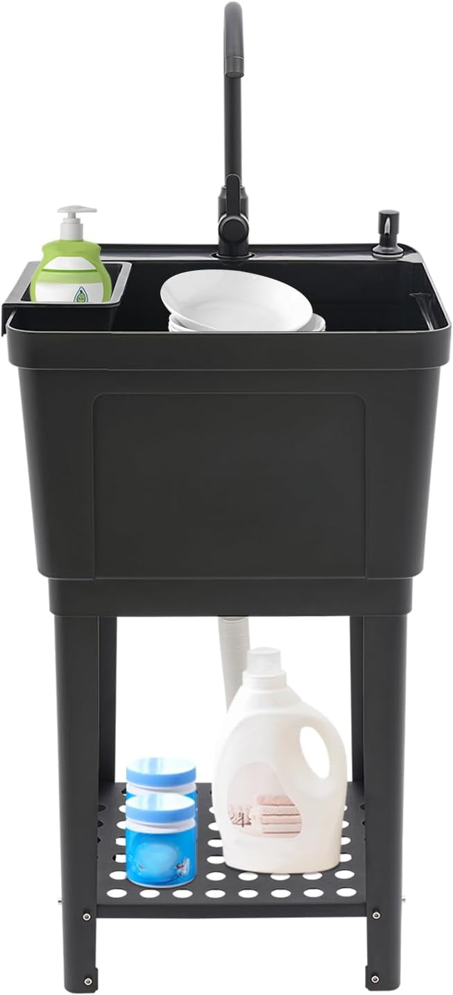 Utility Sink with Faucet, Freestanding Plastic Laundry Sink with Soap ...