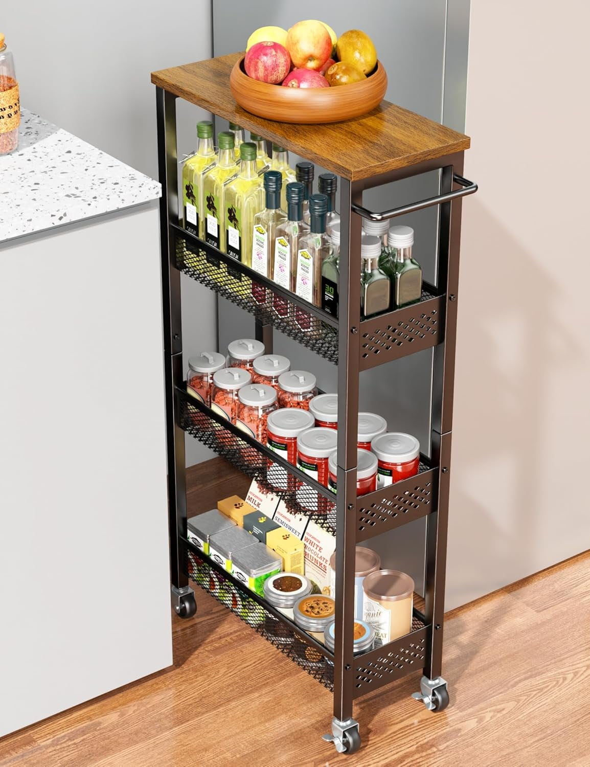 Utility Slim Storage Cart, 4 Tier Small Rolling Kitchen Laundry Room ...