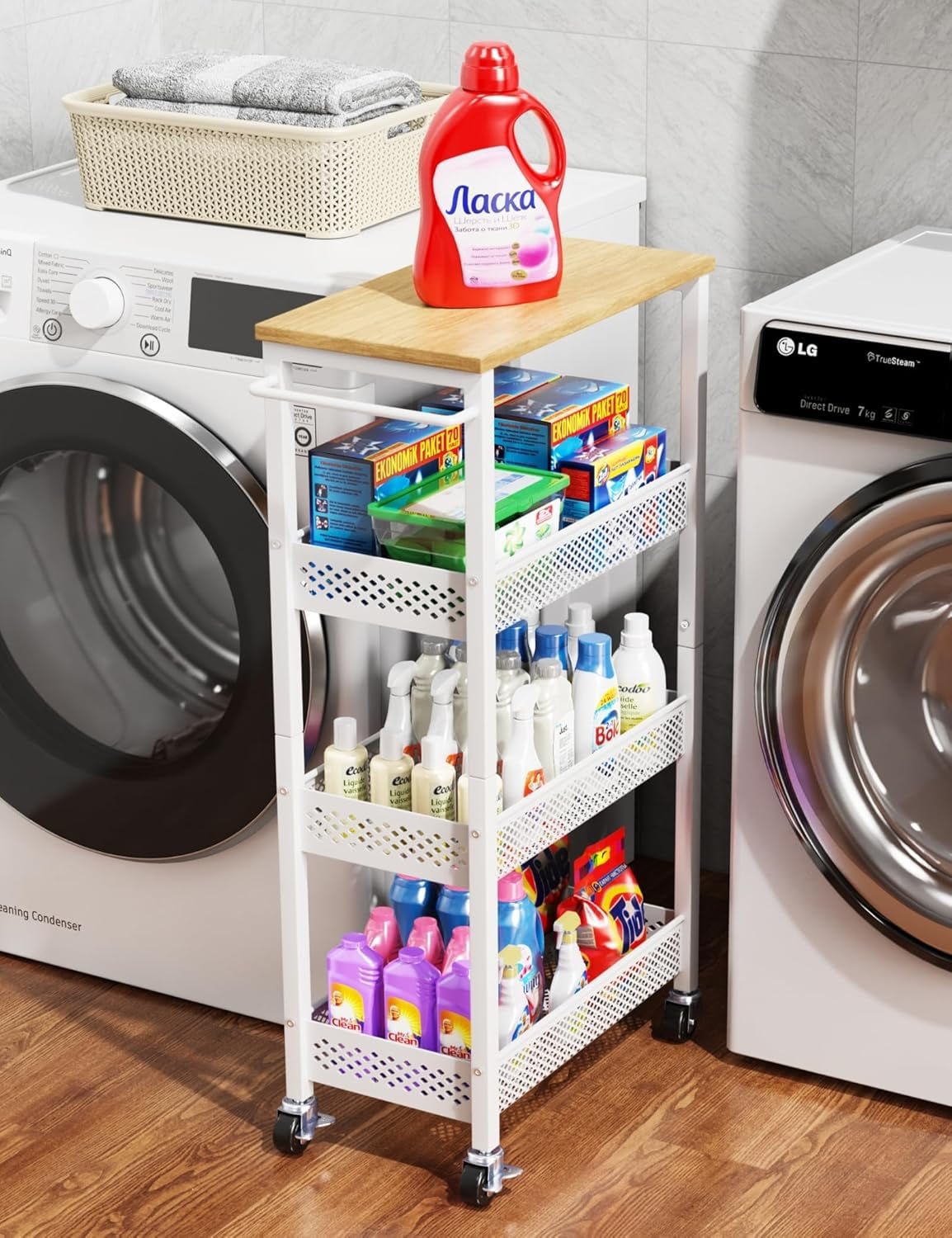 Utility Slim Storage Cart, 4 Tier Small Rolling Kitchen Laundry Room ...