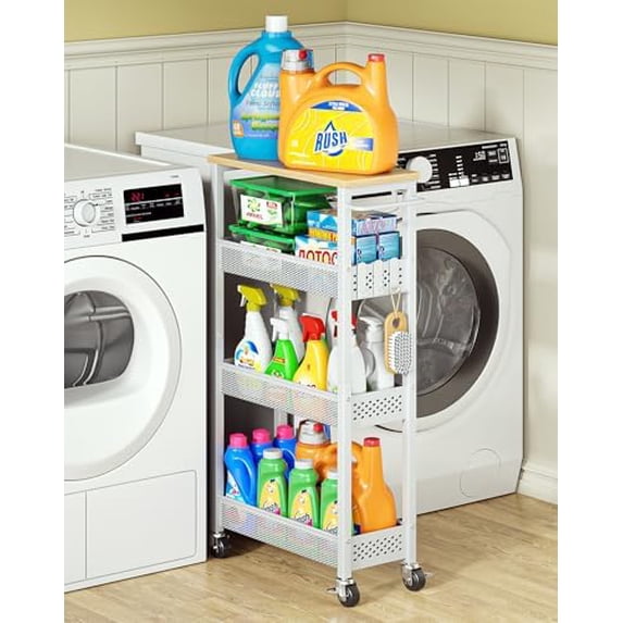 Utility Slim Storage Cart, 4 Tier Small Rolling Kitchen Laundry Room ...
