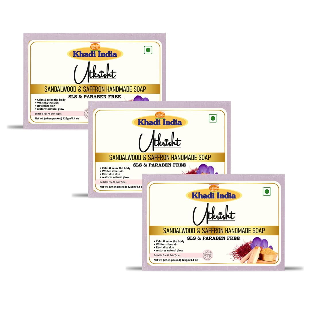 Utkrisht Khadi Sandalwood Saffron Handmade Bathing Soap Bar 125g Pack of 3 Natural Herbal Deep ...