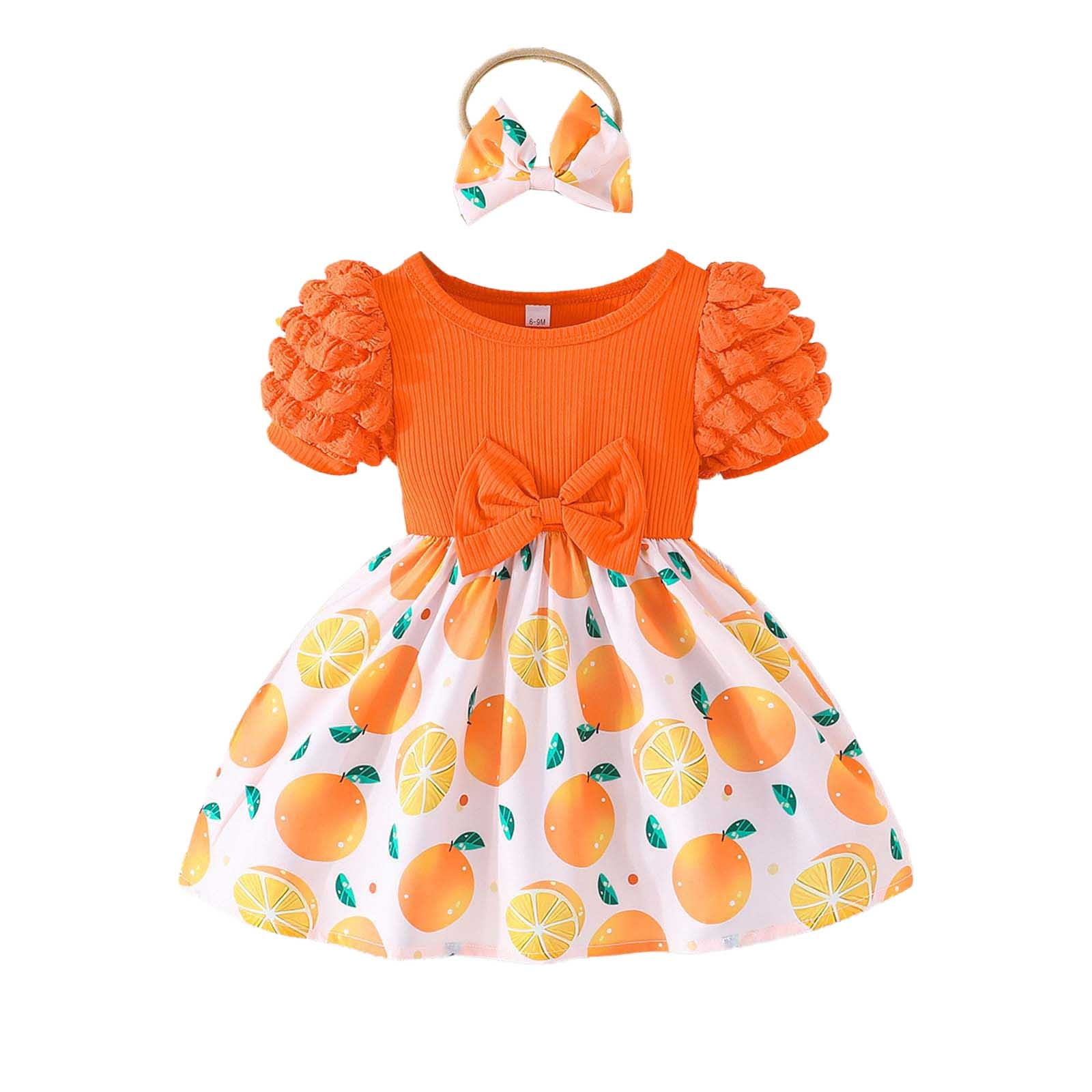 Utlike Girls Summer Dress Baby Floral Orange Dress With Bow & Headscarf ...