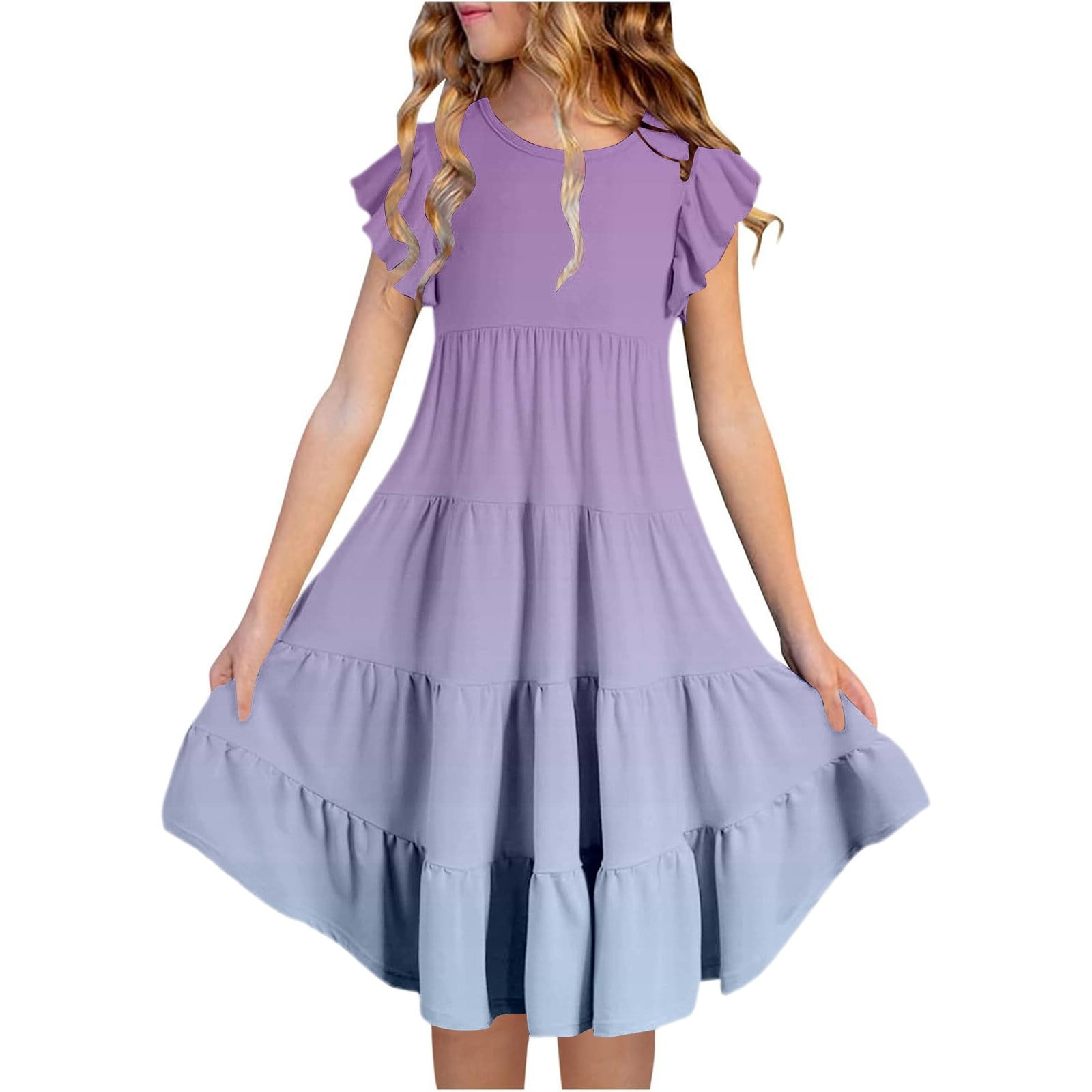 Utlike Girls Summer Dress Gradient Color Round Neck Flutter Sleeve Tiered A Line Casual Dress ...