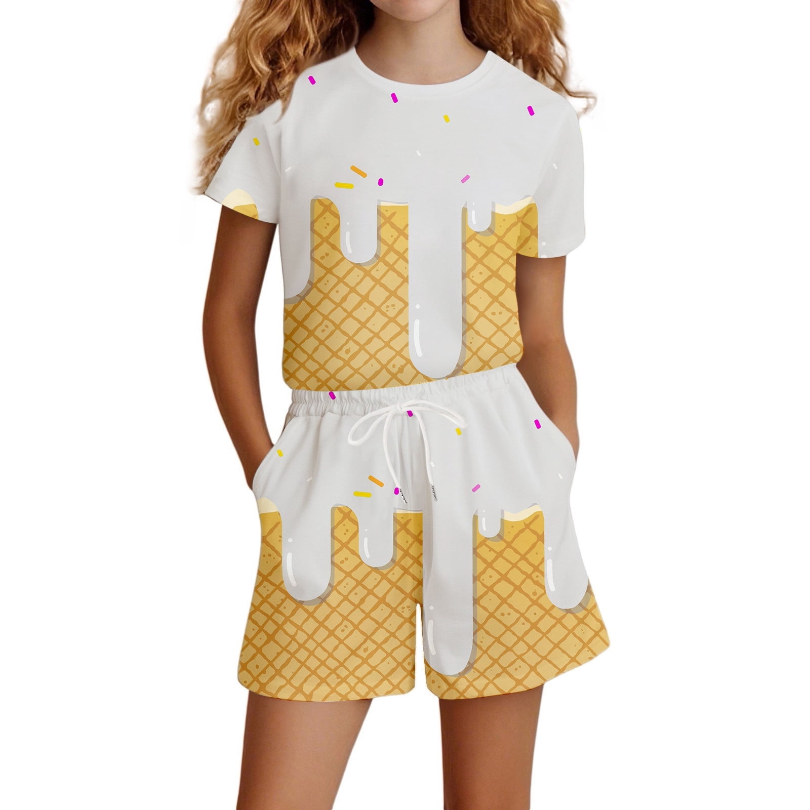 Utlike Summer Girls Outfits Kids Short Sleeve Waffle Biscuit Ice Cream ...