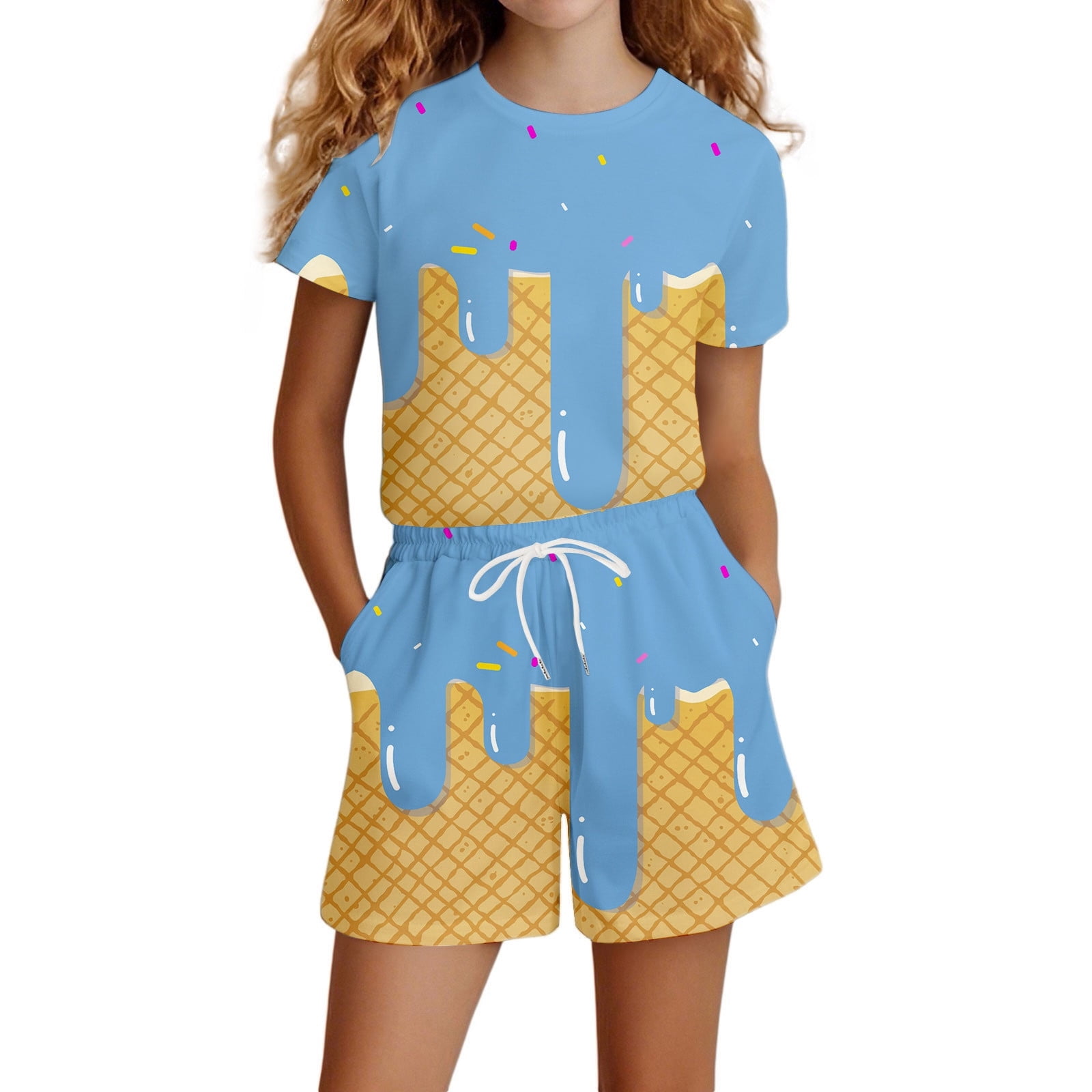 Utlike Summer Girls Outfits Kids Short Sleeve Waffle Biscuit Ice Cream ...