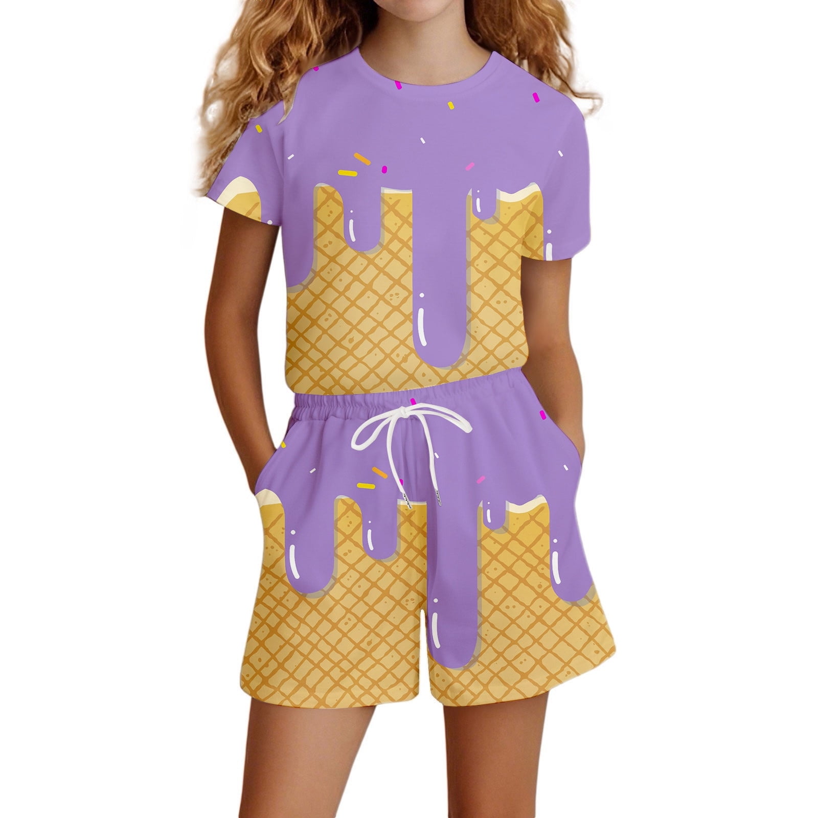 Utlike Summer Girls Outfits Kids Short Sleeve Waffle Biscuit Ice Cream ...