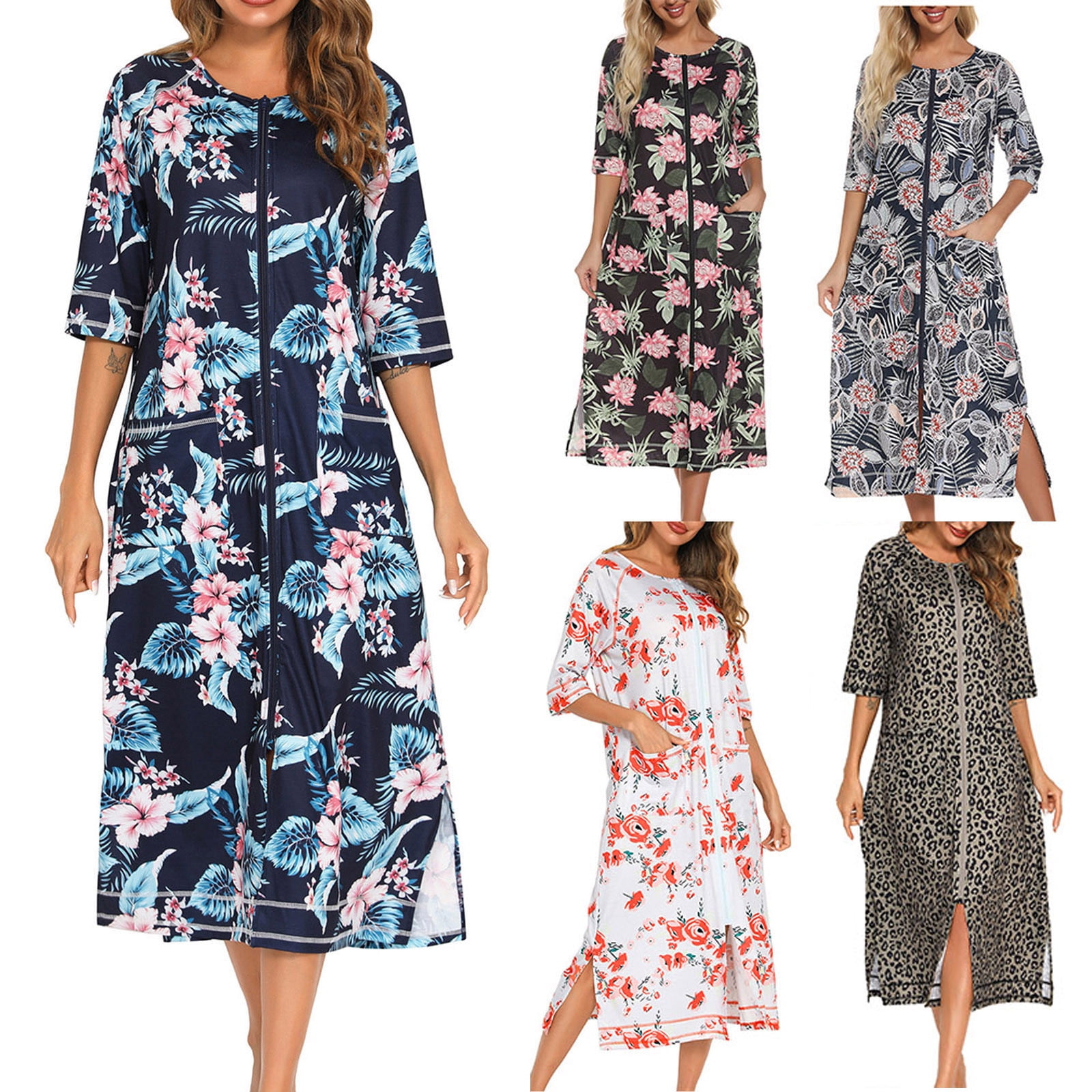 Utoimkio 3/4 Sleeve Nightgowns for Women Plus Size Front Zipper ...