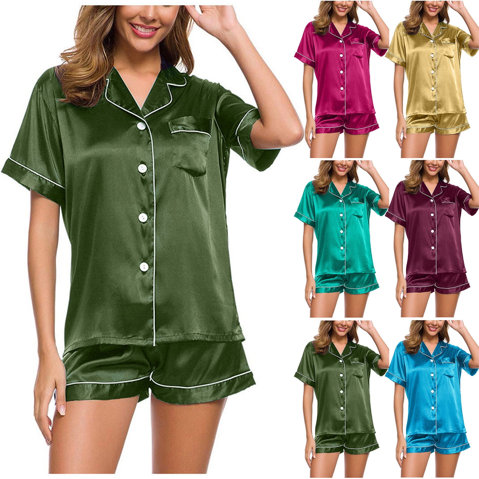 Utoimkio Clearance Satin Pajama Sets for Women Short Sleeve Button Down Shirts & Shorts Two ...