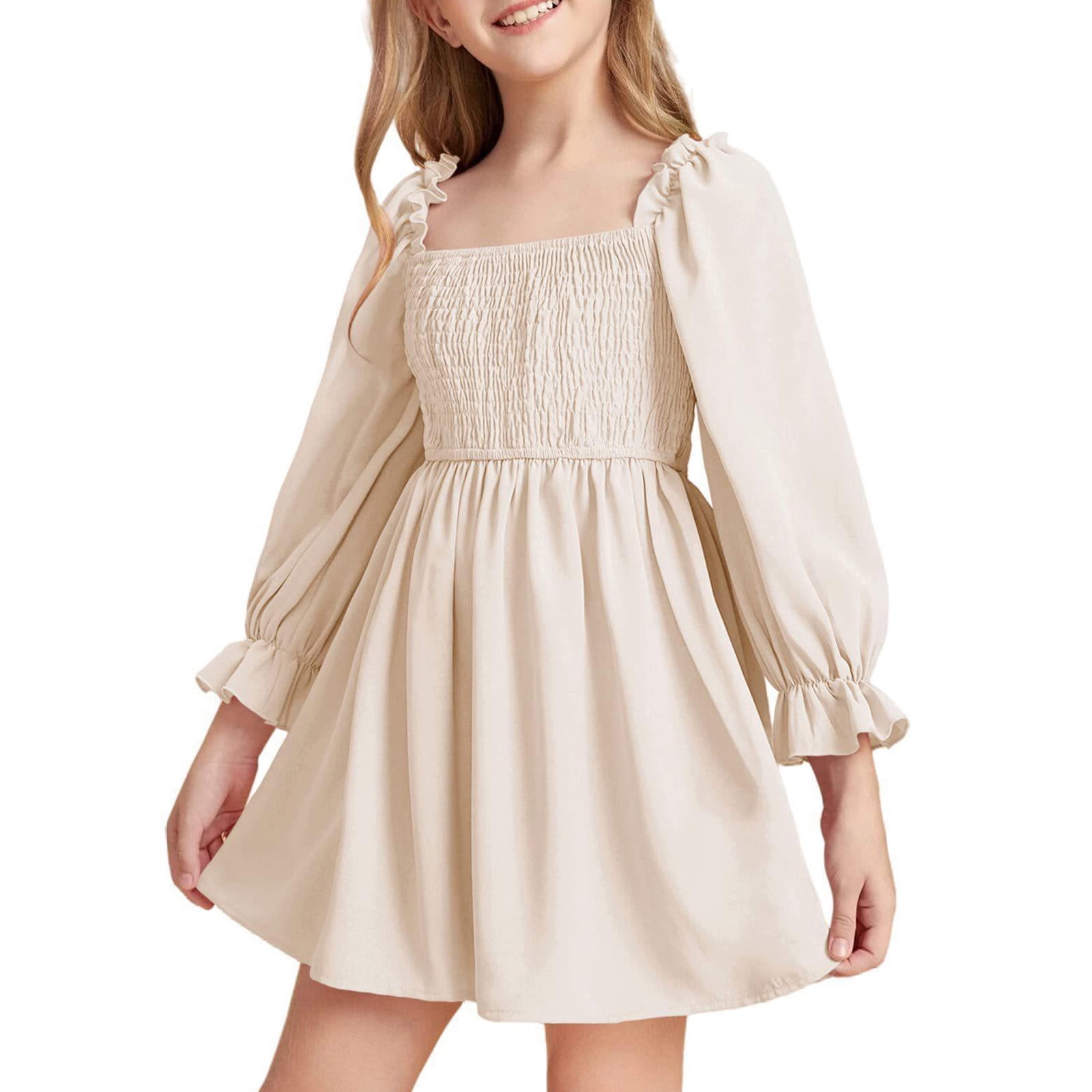 Utoimkio Toddler Girls Ruffle Princess Dress Square Neck Long Sleeve ...