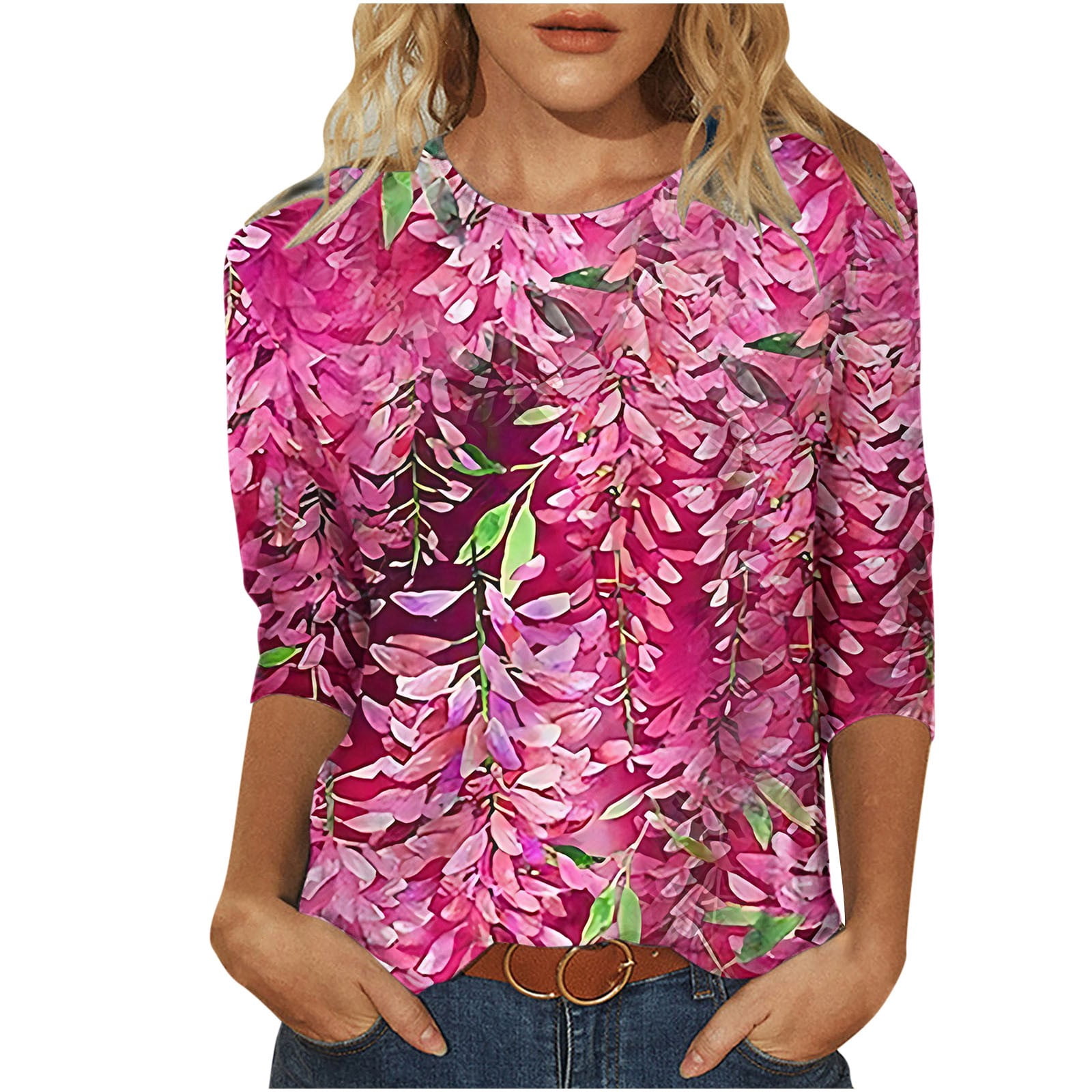 Utoimkio Clearance Women's 3/4 Sleeve Tops 2024 Floral Print Shirt ...