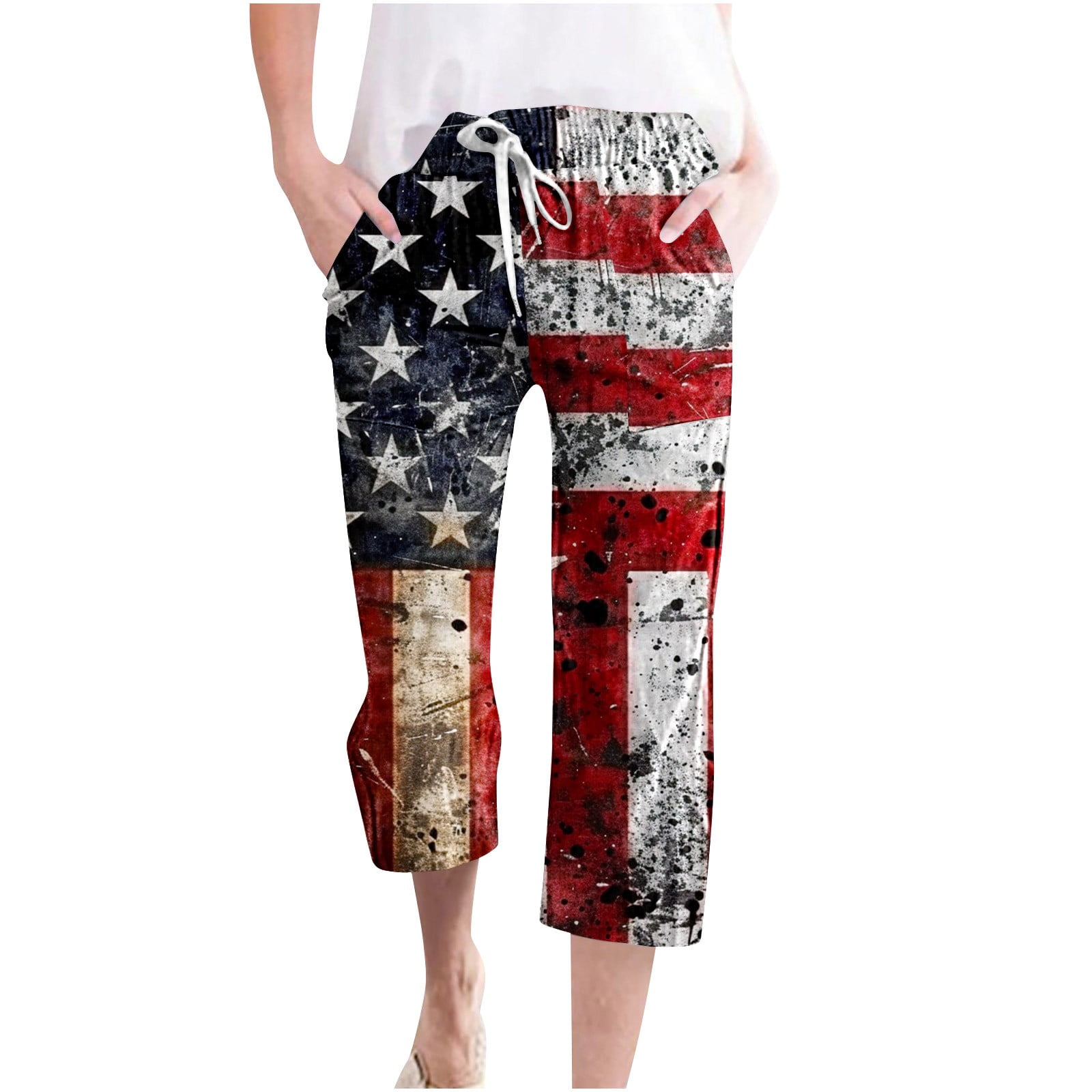 Utoimkio Clearance Women's American Flag Drawstring Yoga Capri Pants ...