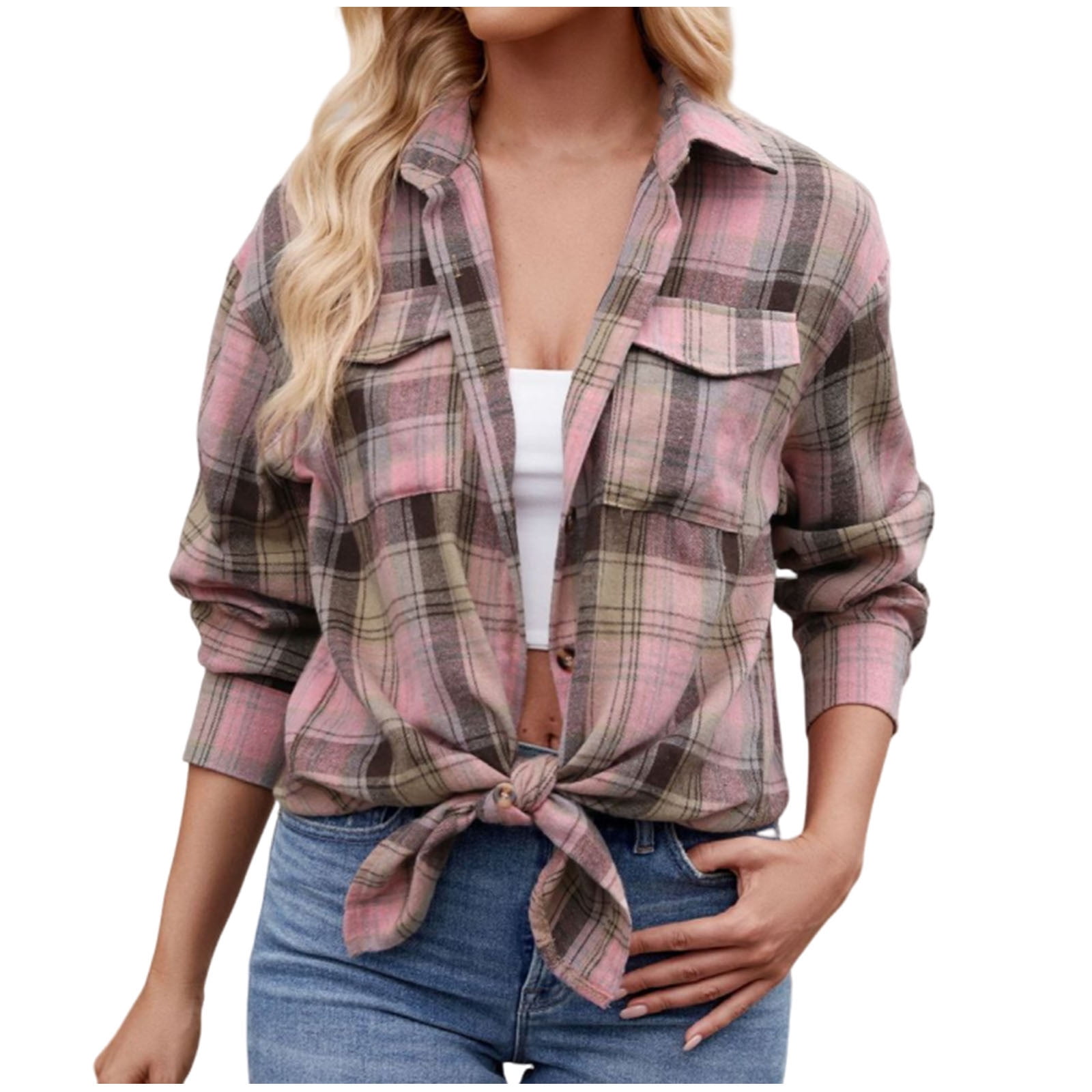 Utoimkio Women's Long Sleeve Button Down Jackets Plaid Shirts Tops ...