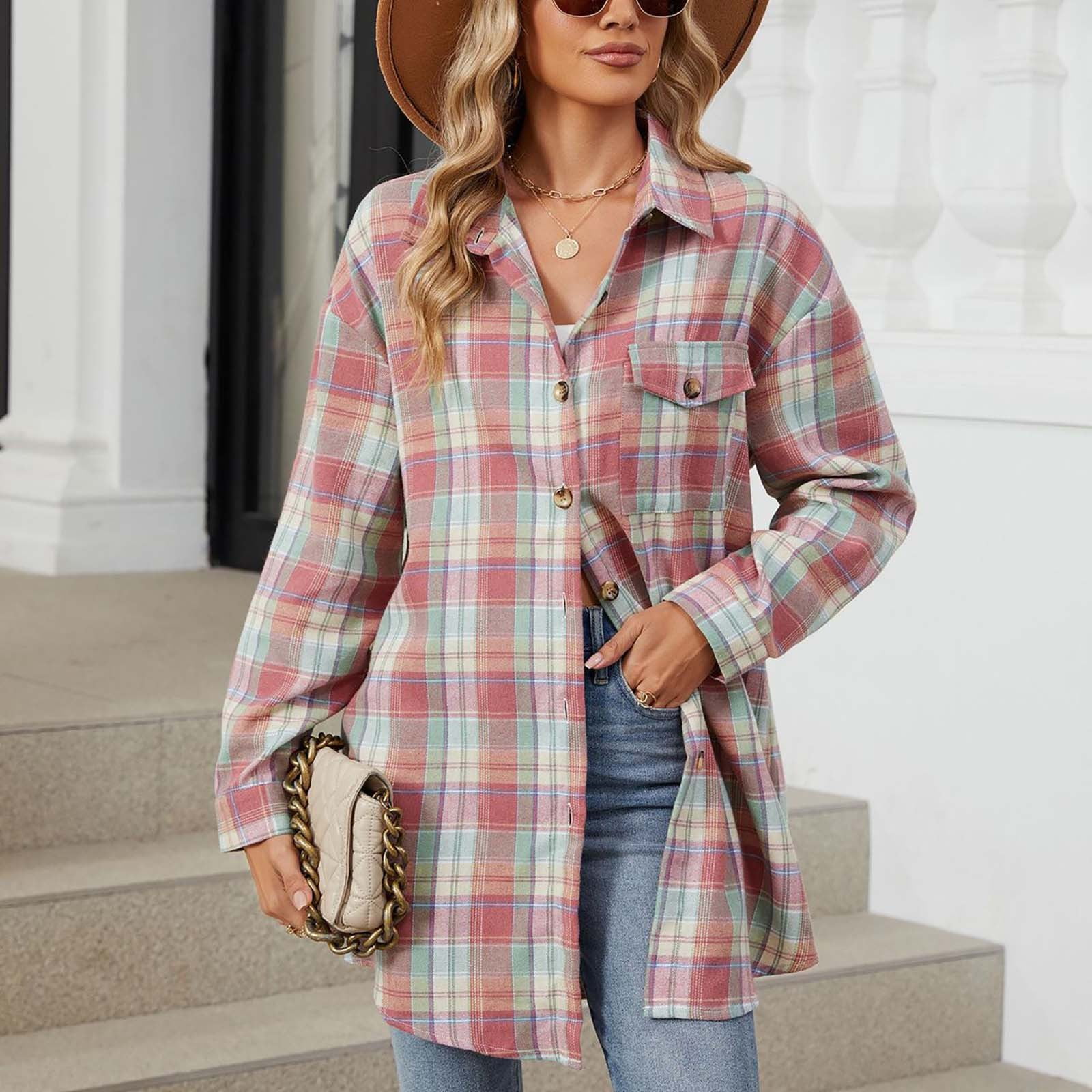 Utoimkio Clearance Women's Plaid Print Button Down Long Shirts Dressy ...