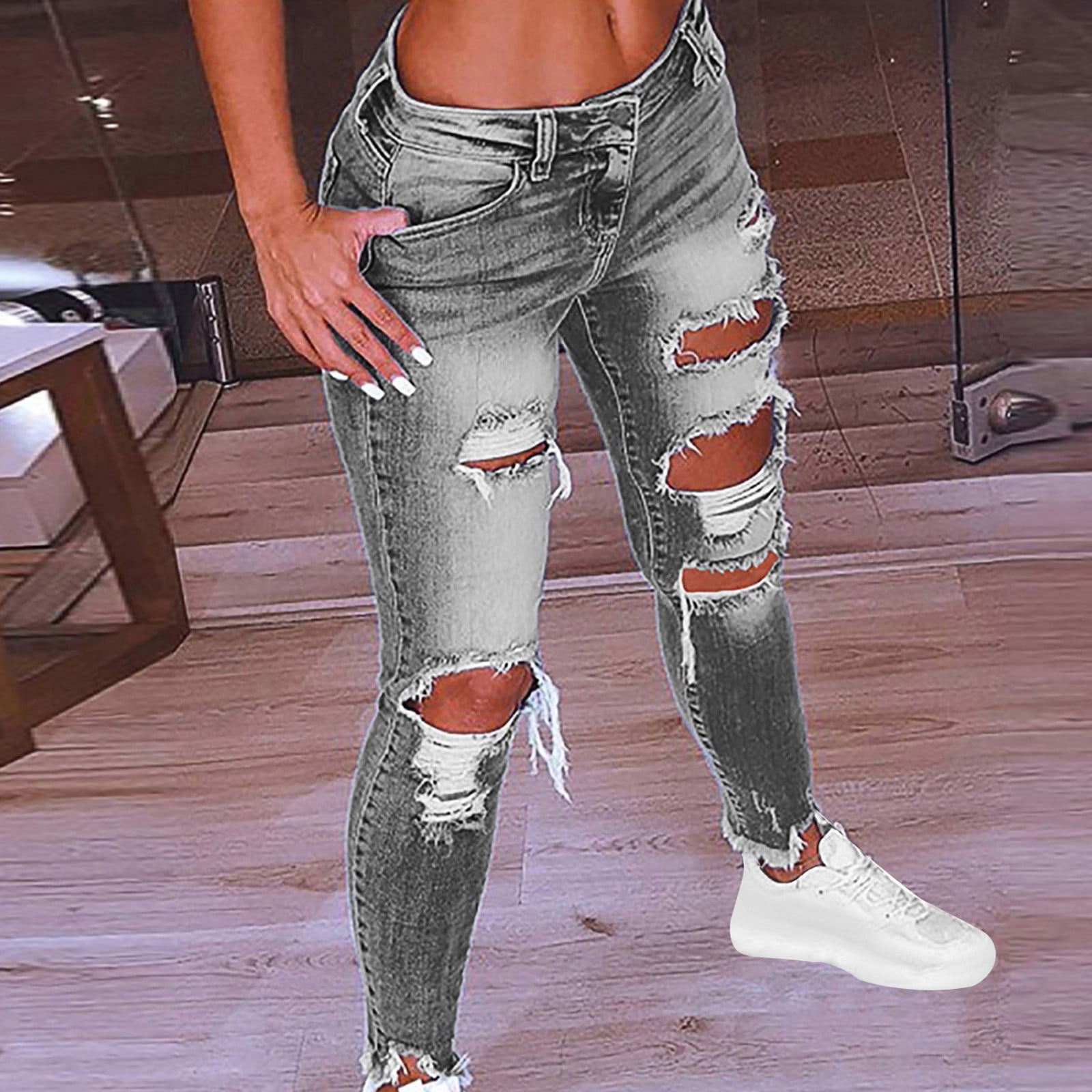 Utoimkio Clearance Women's Ripped Straight Leg Jeans High Waisted Slim ...