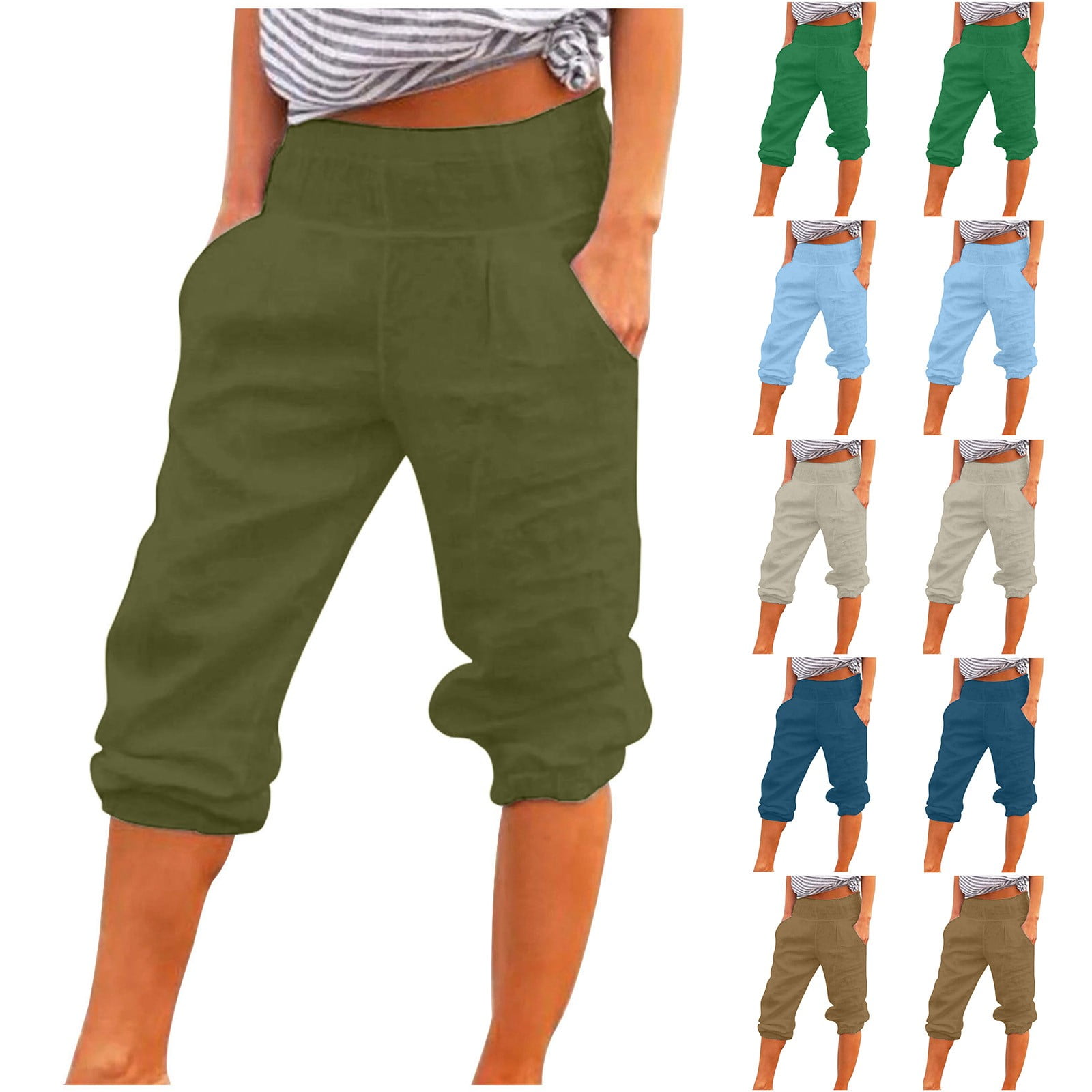 Utoimkio Women's Straight Leg Linen Capri Pants High Waisted Cropped ...