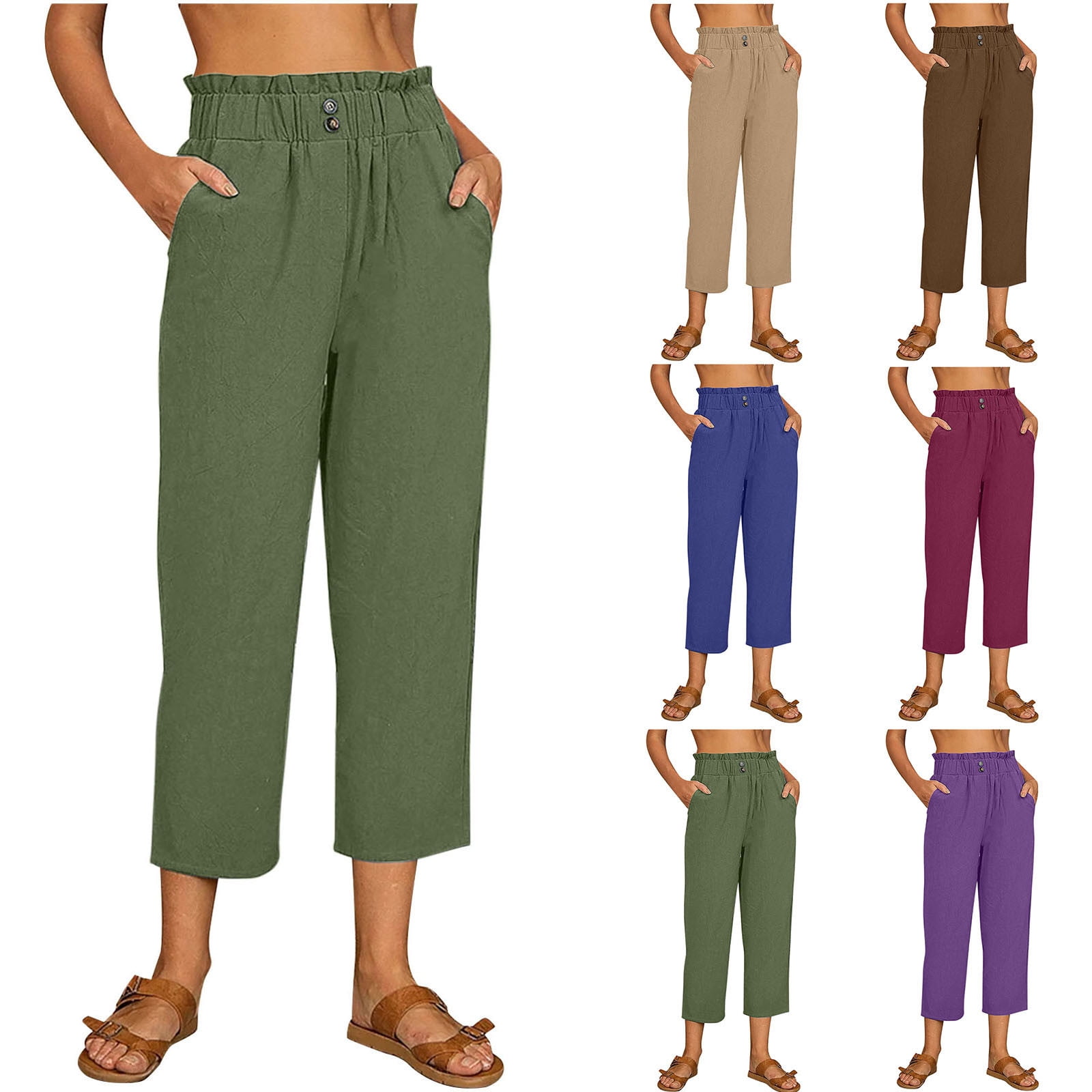 Utoimkio Clearance Women's Straight Leg Linen Capri Pants High Waisted ...