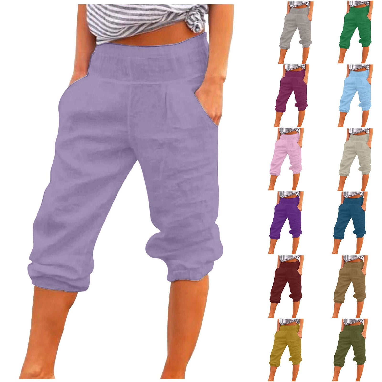 Utoimkio Women's Straight Leg Linen Capri Pants High Waisted Cropped ...