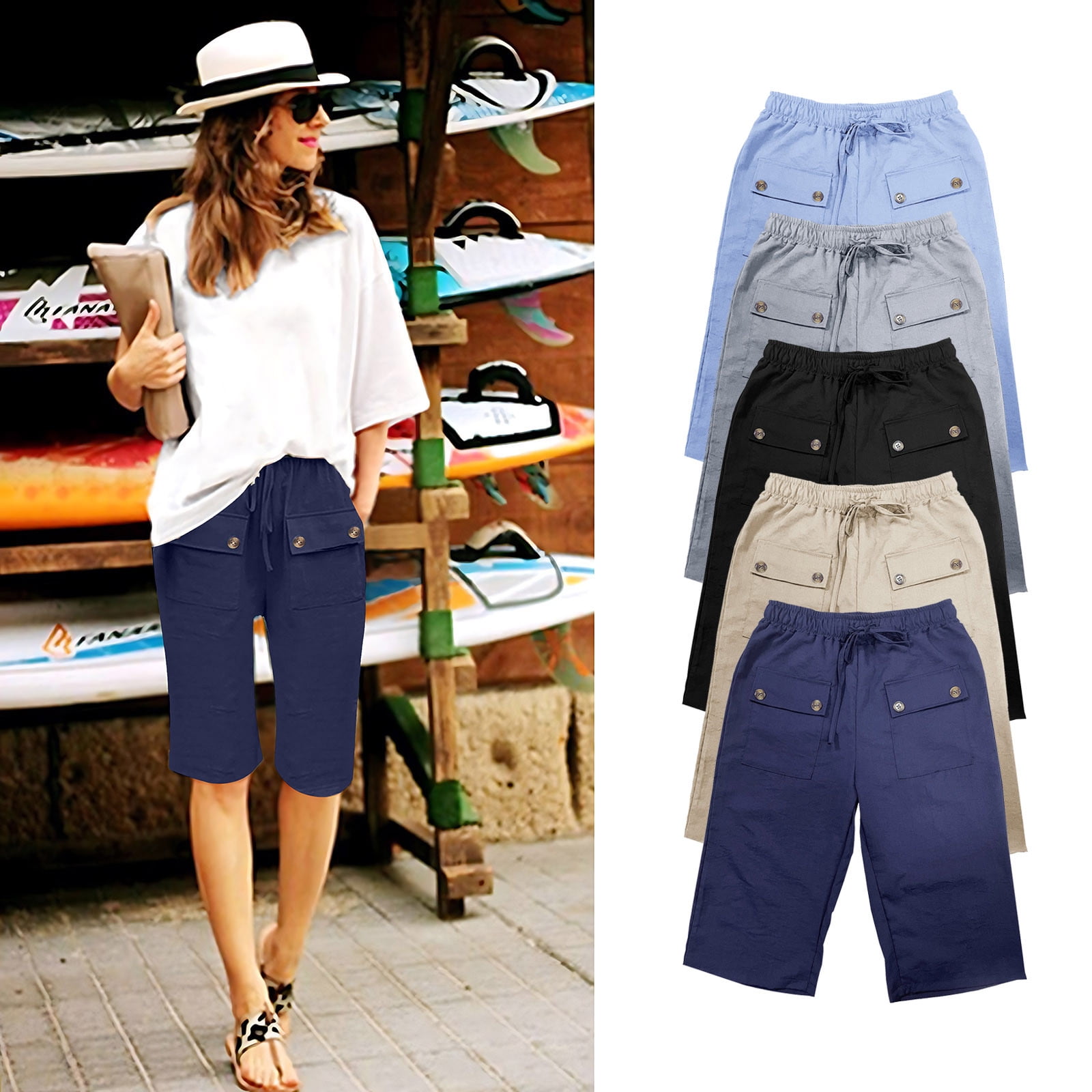 Utoimkio Women's Straight Leg Linen Capri Pants High Waisted Drawstring ...