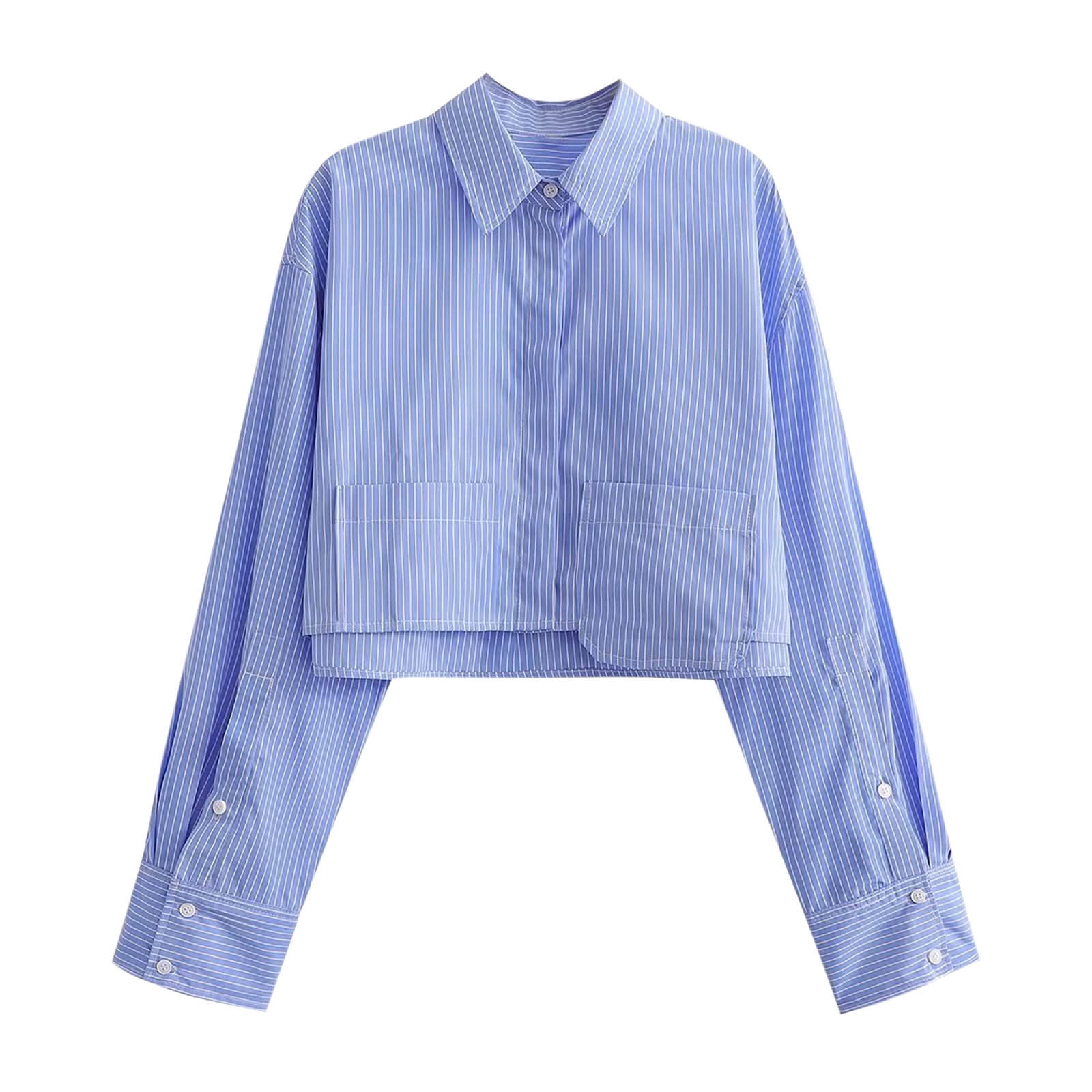 Utoimkio Women's Striped Button Down Cropped Shirts Classic Long Sleeve ...