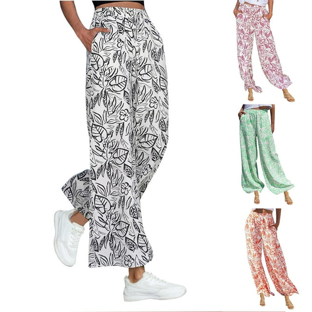 Utoimkio Clearance Women's Wide Leg Flowy Pants Summer Casual Loose High Waisted Lounge Pants ...
