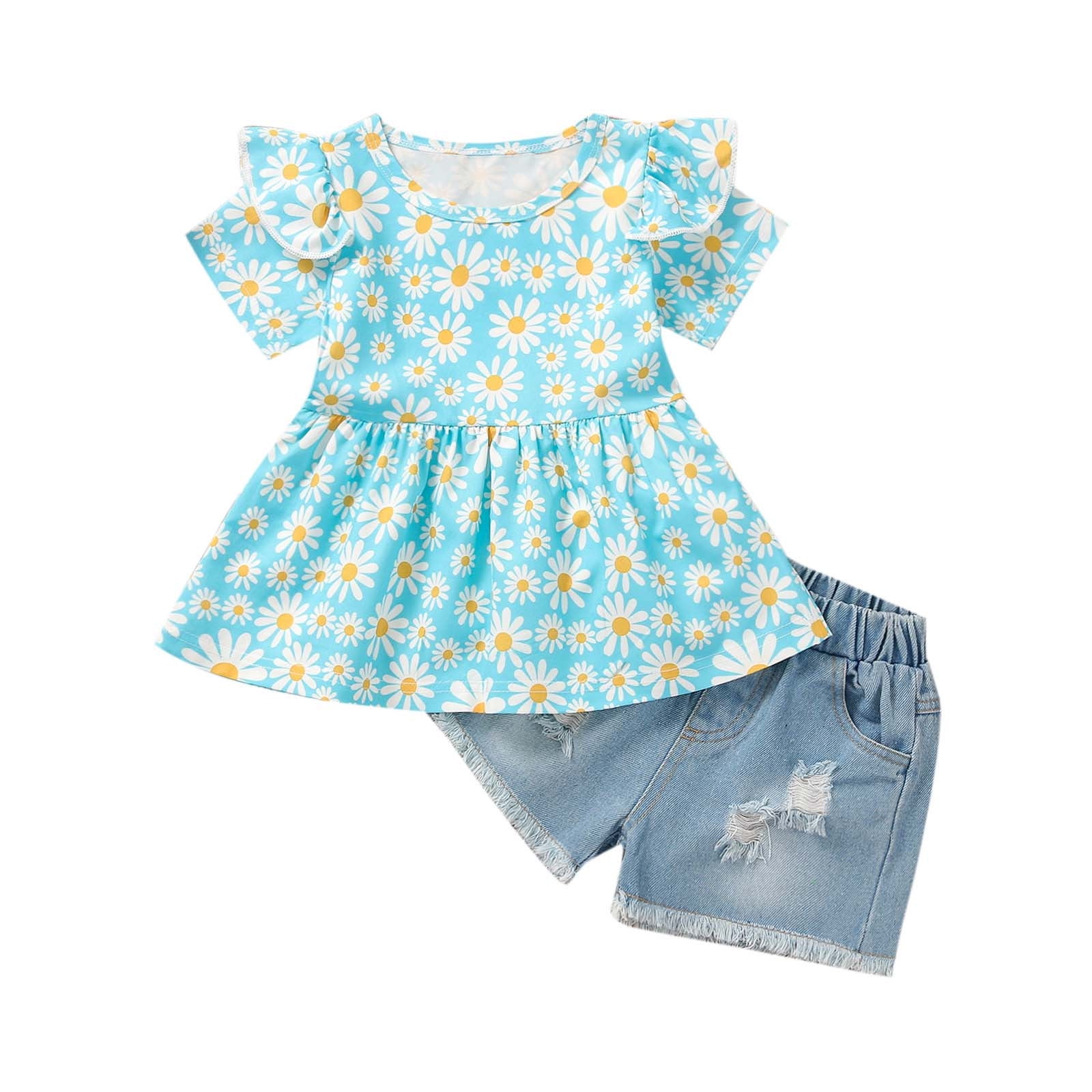 Utoimkio Cute Toddler Baby Girls Clothes Set Short Sleeve Floral Princess Tutu Dress and Ripped ...