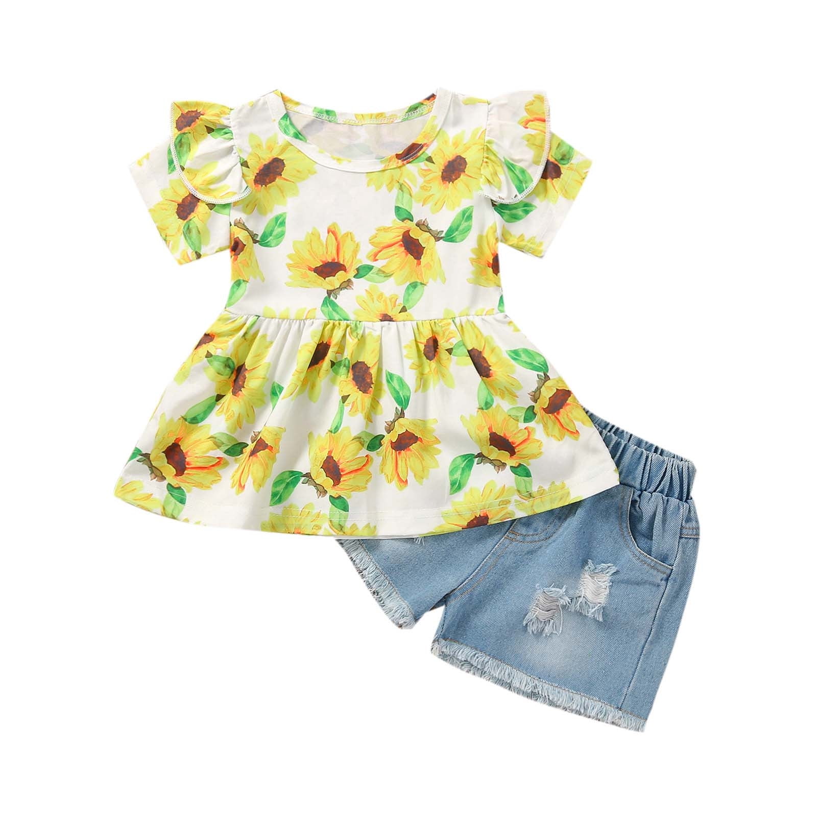 Utoimkio Cute Toddler Baby Girls Clothes Set Short Sleeve Floral Princess Tutu Dress and Ripped ...