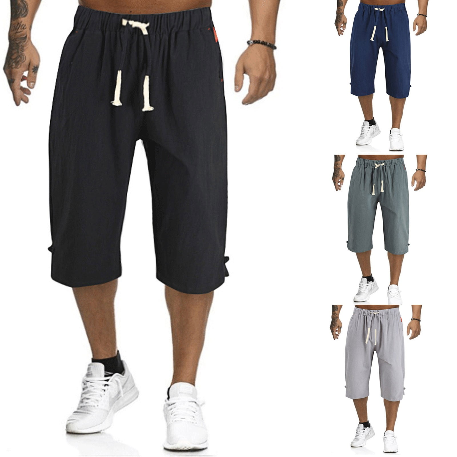 Utoimkio Men's Casual Linen Pants Loose Fit Cropped Pants Straight Leg ...