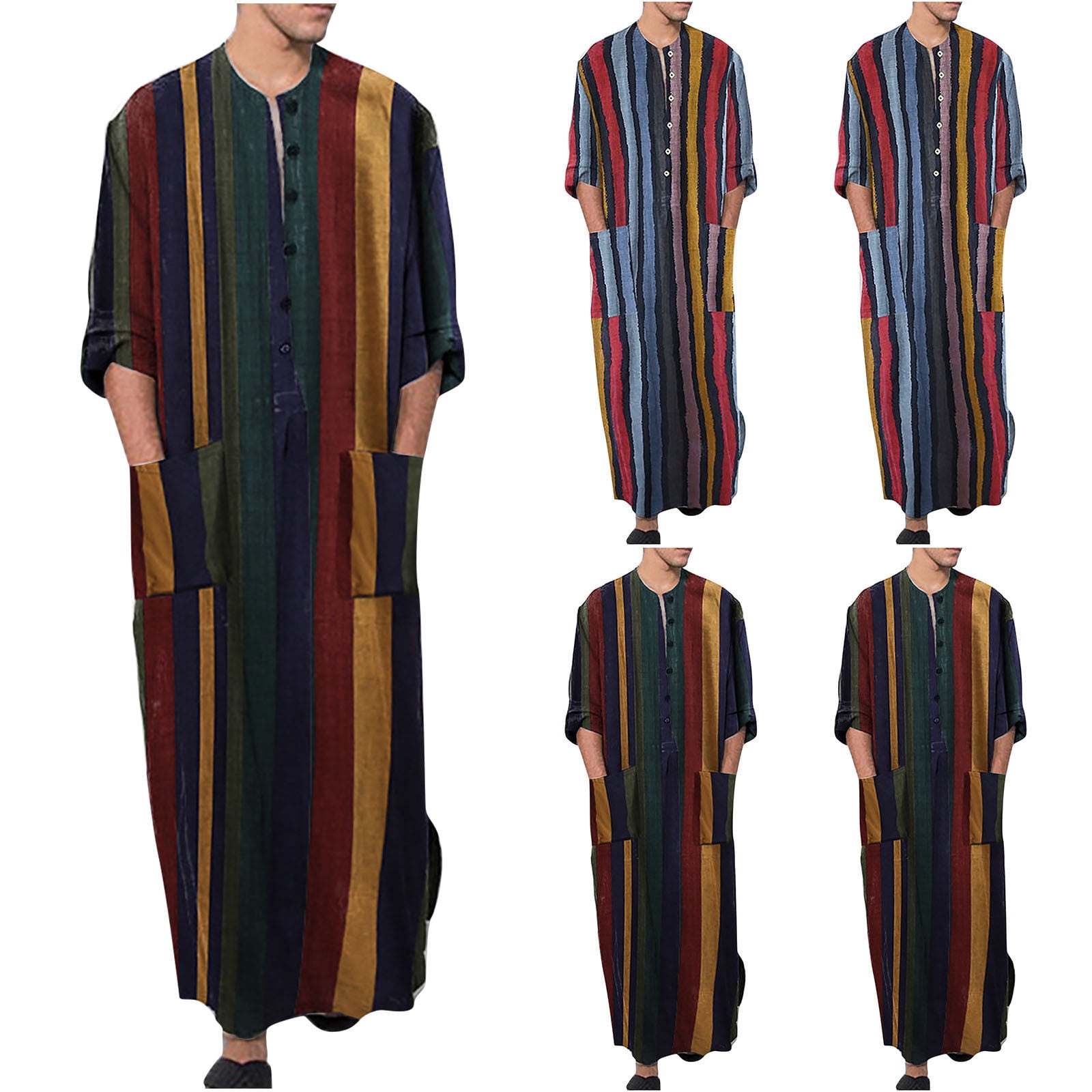 Utoimkio Men's Striped Muslim Robes Button Up Long Sleeve Kaftan Thobe ...