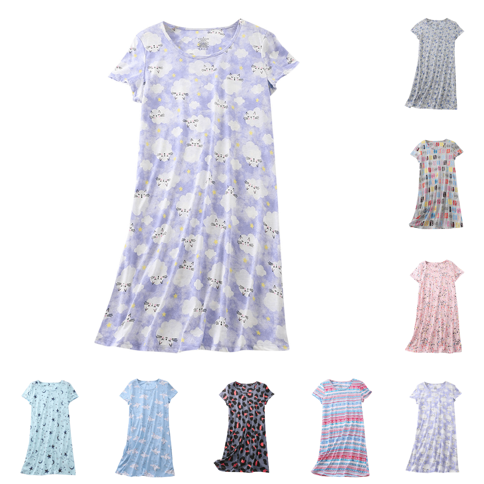 Utoimkio Short Sleeve Nightgowns for Women Cotton Cute Print Crewneck ...