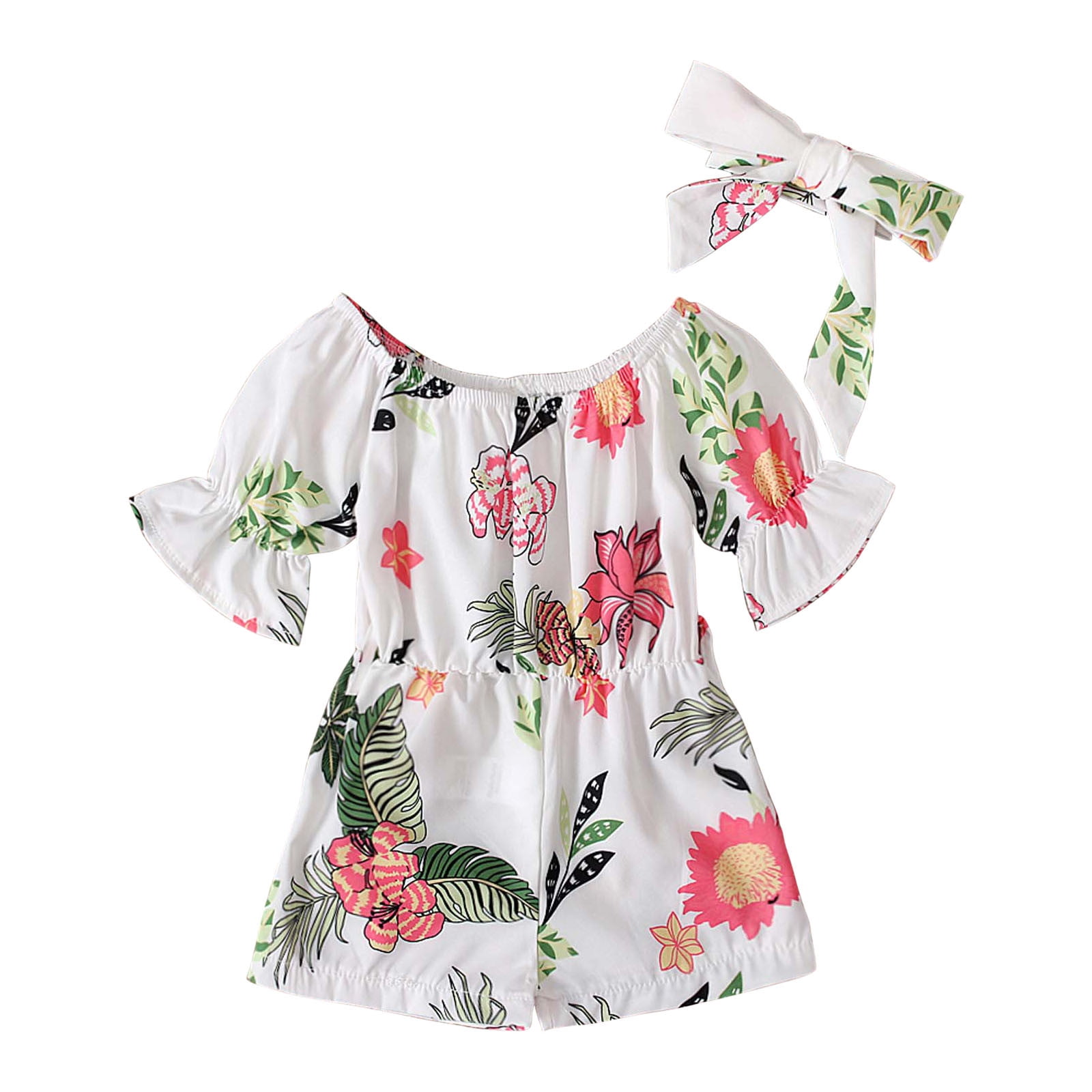 Utoimkio Toddler Baby Girls Summer Outfits Floral Short Sleeve Jumpsuits+Headband Two Piece ...