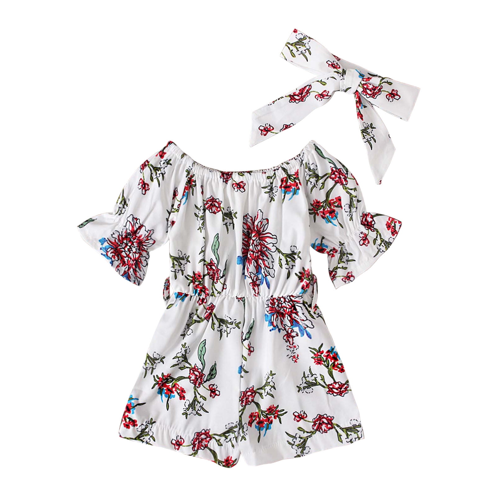 Utoimkio Toddler Baby Girls Summer Outfits Floral Short Sleeve Jumpsuits+Headband Two Piece ...