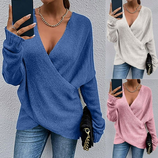 Utoimkio Women's Knit Sweaters Long Sleeve Deep V Neck Loose Pullover ...