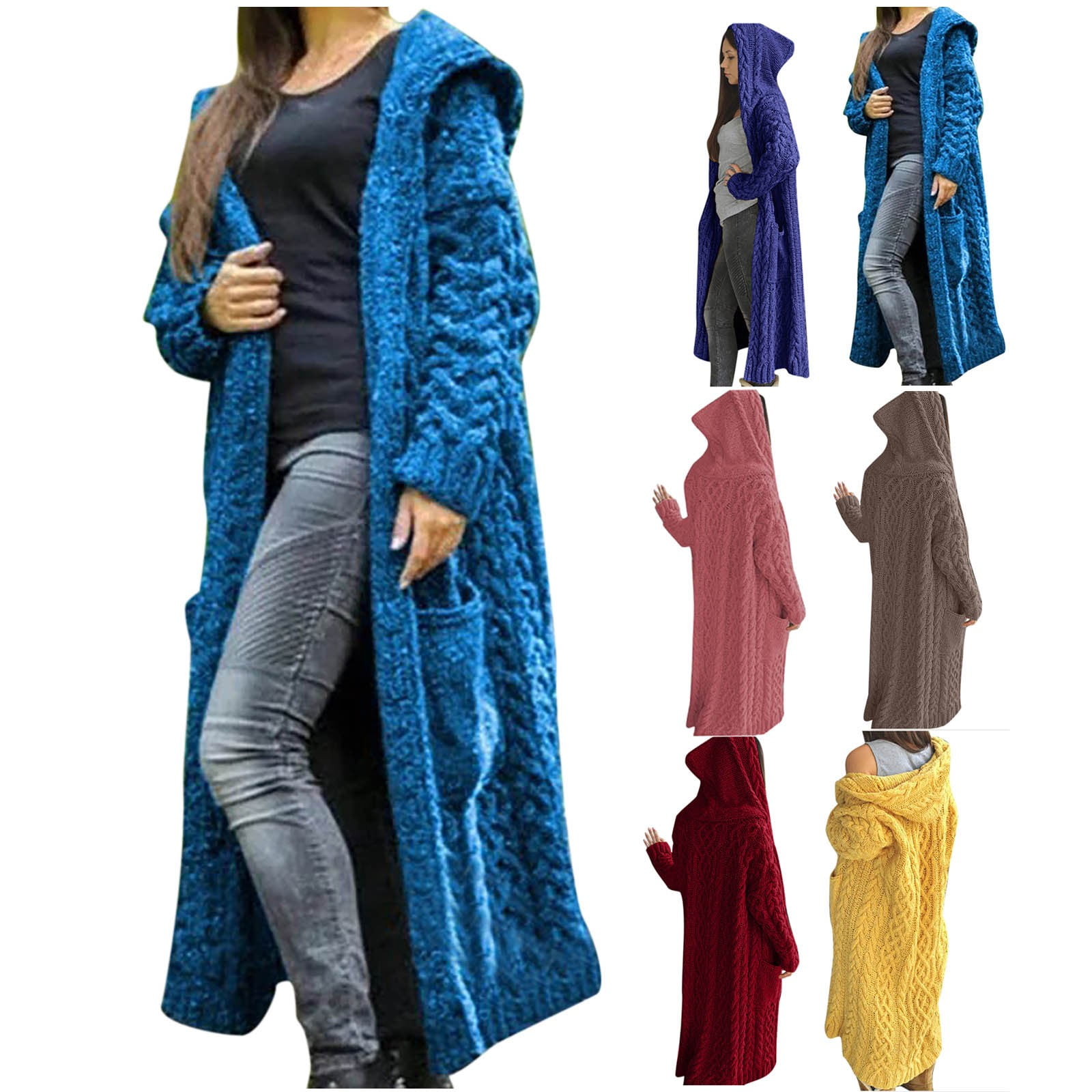 Utoimkio Womens Long Hooded Cardigan Sweaters Cable Knit Casual Open Front Oversized Hooded
