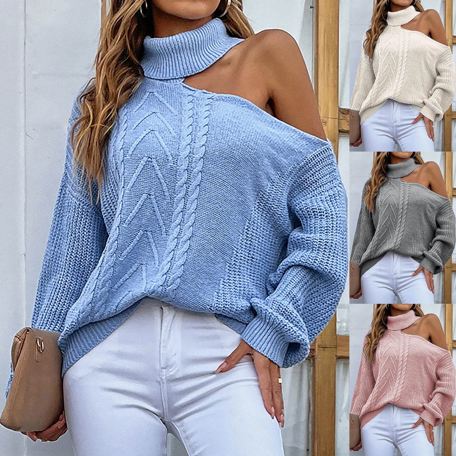 Utoimkio Women's Turtleneck Knit Sweaters Long Sleeve Off Shoulder ...